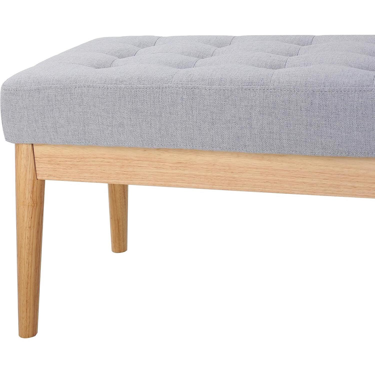Upholstered Light Grey Bench Seat Padded Buttoned Oak Frame