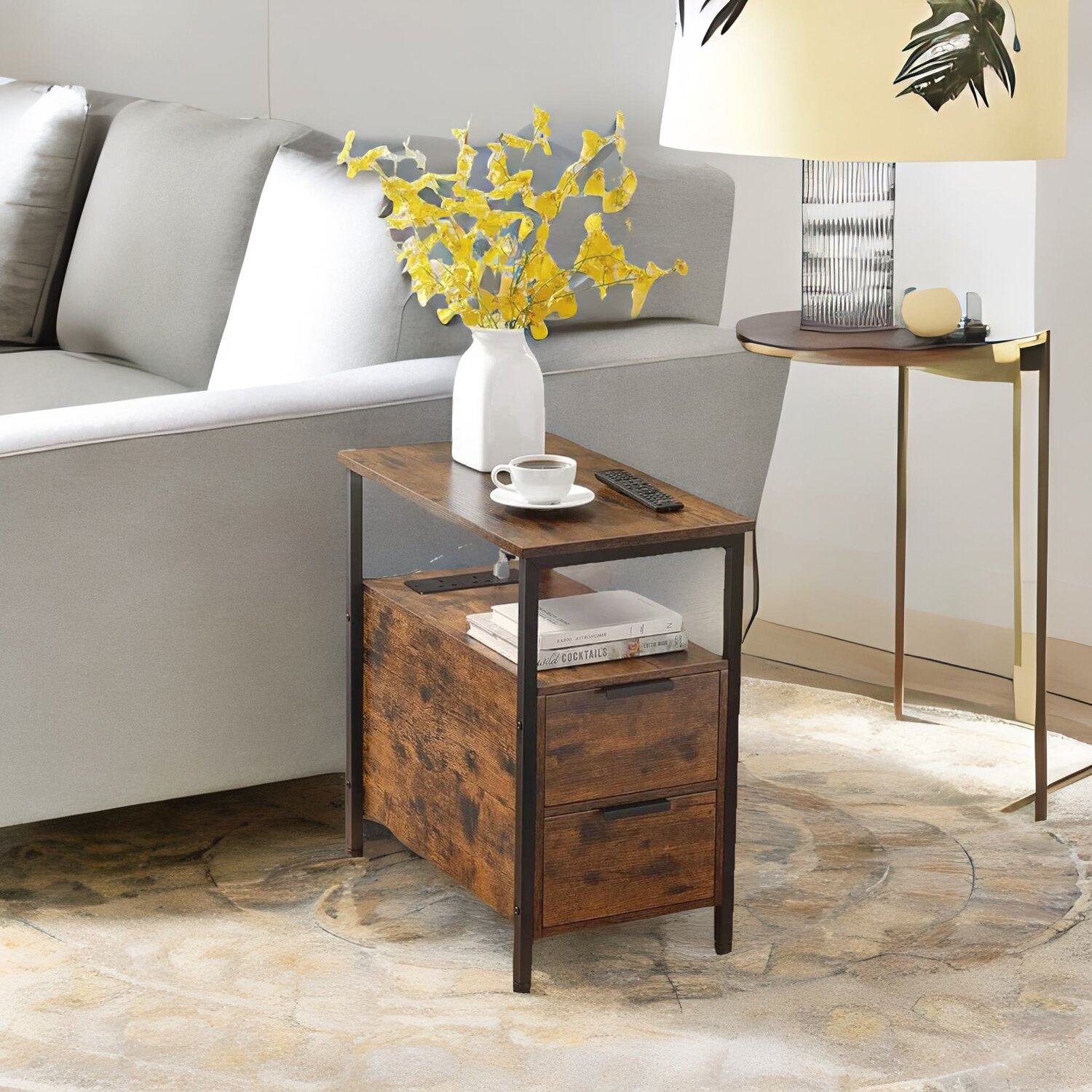 Slim Bedside Table With Power USB Outlets
