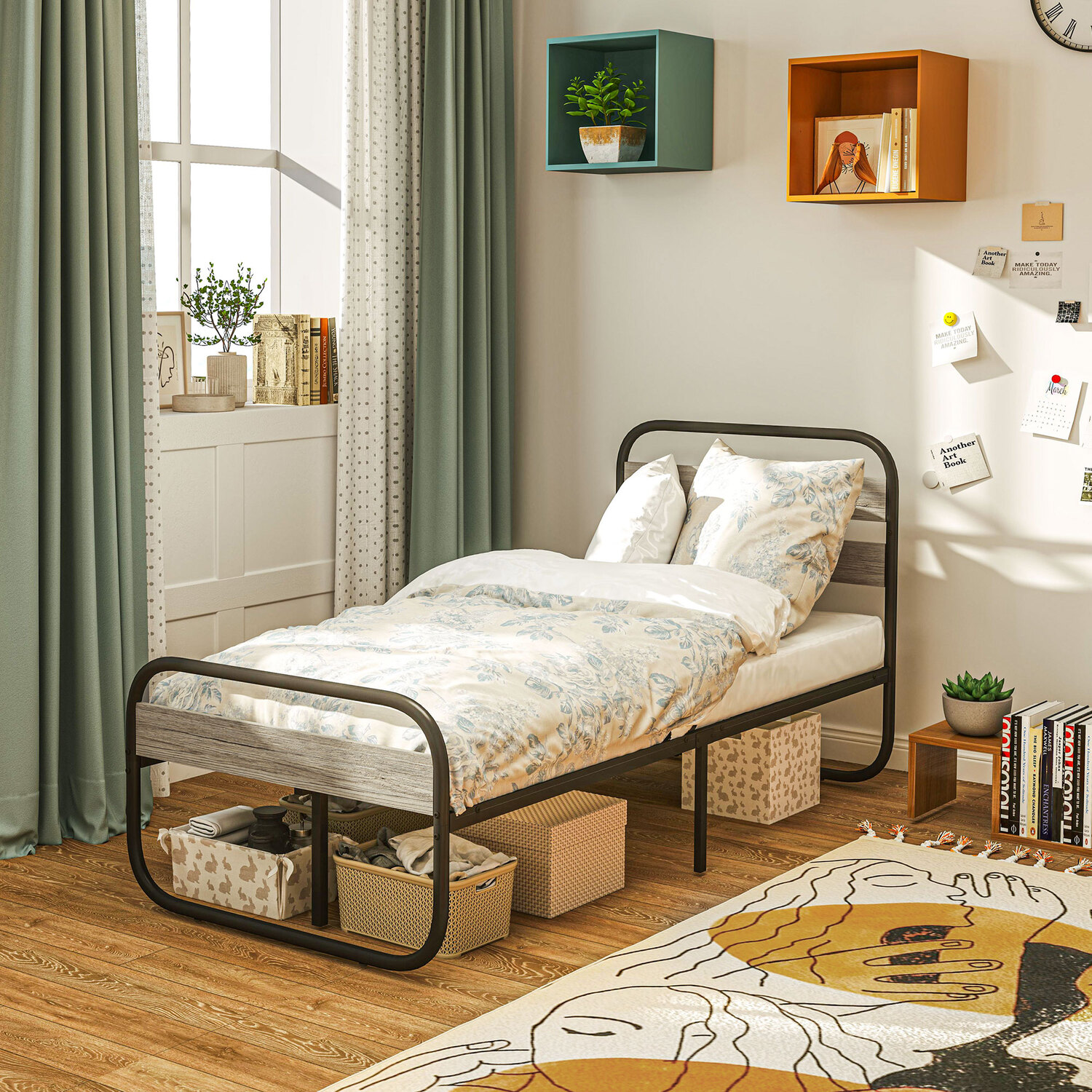 HOMCOM Bed Frame Industrial Metal Platform with Under Bed Storage