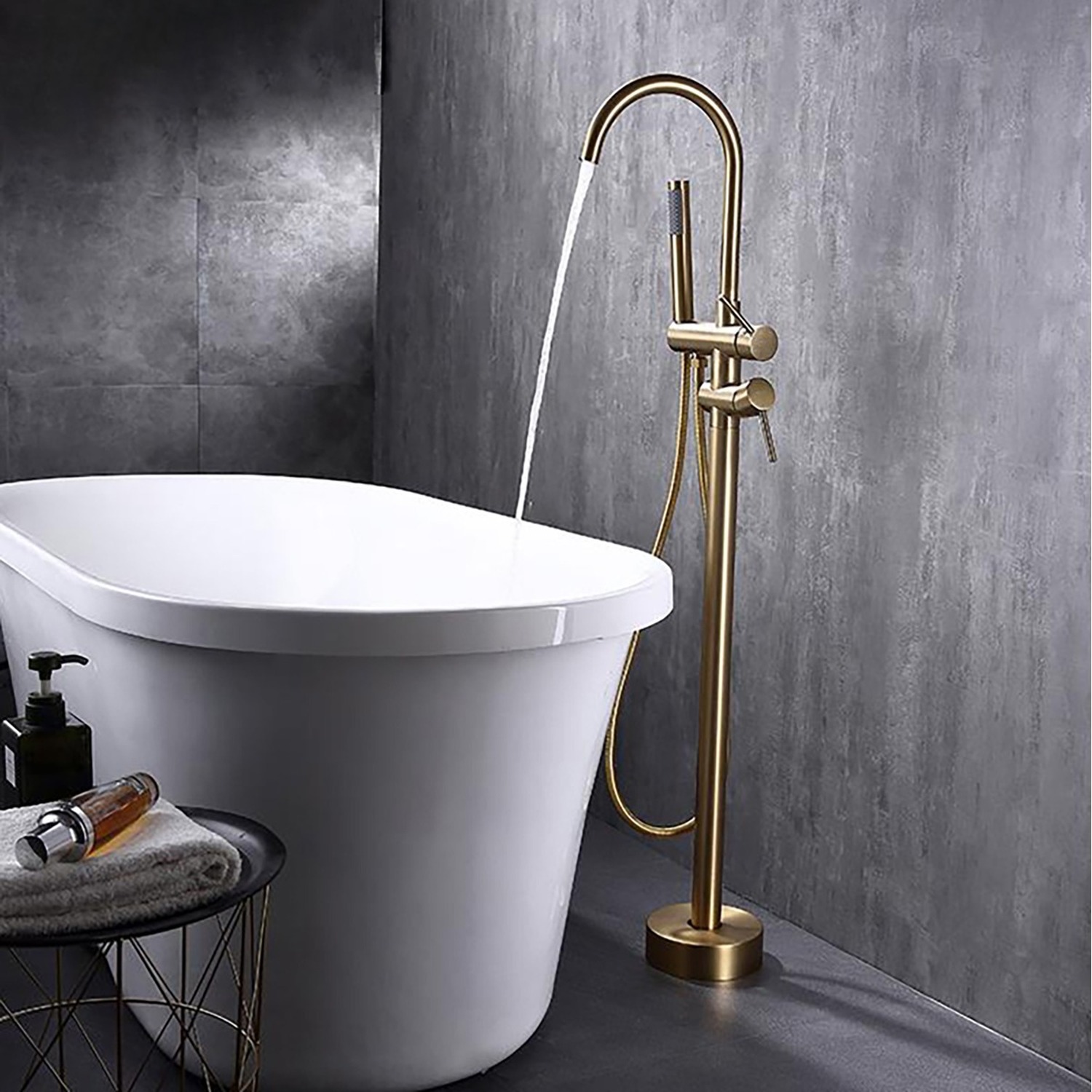 Fino Stone Round Freestanding Chrome Bath Tap with Shower