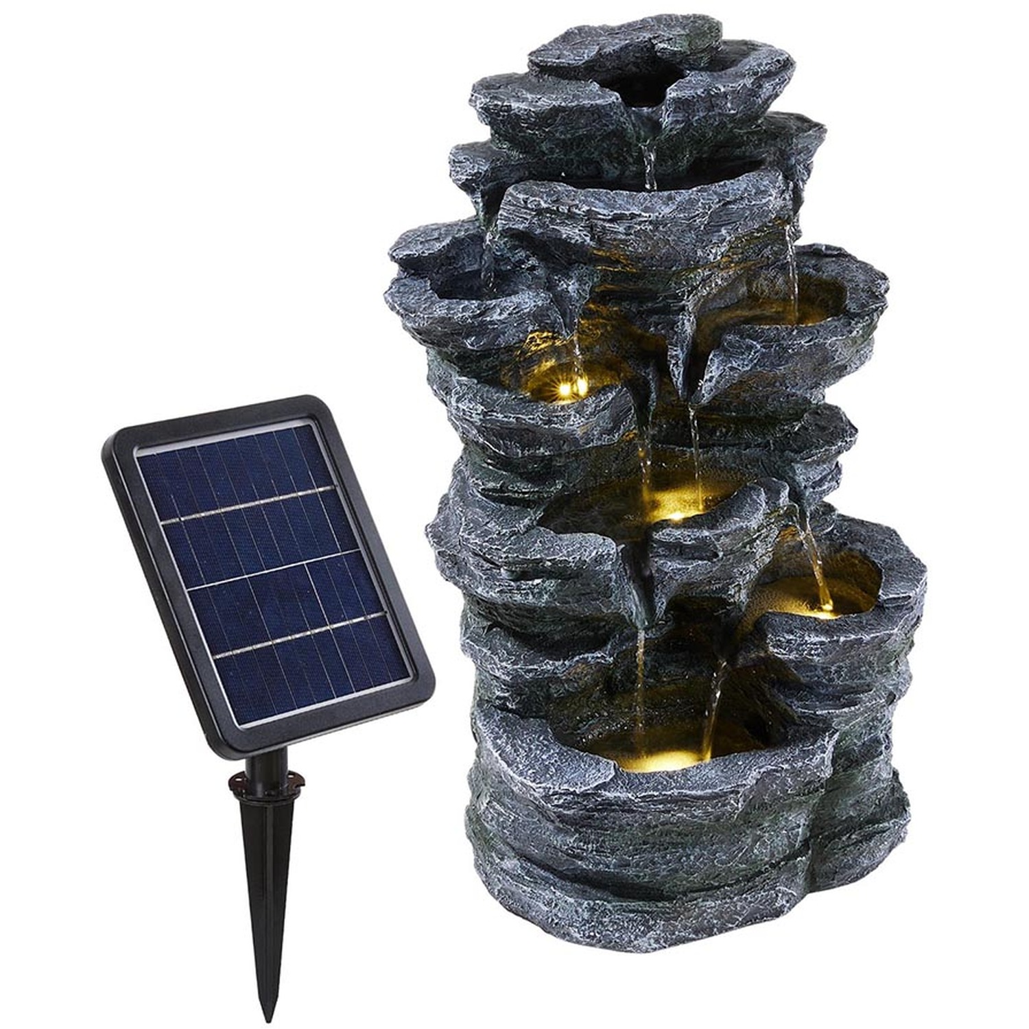 Solar-Powered Tiered Rock Water Feature for Outdoor Gardens