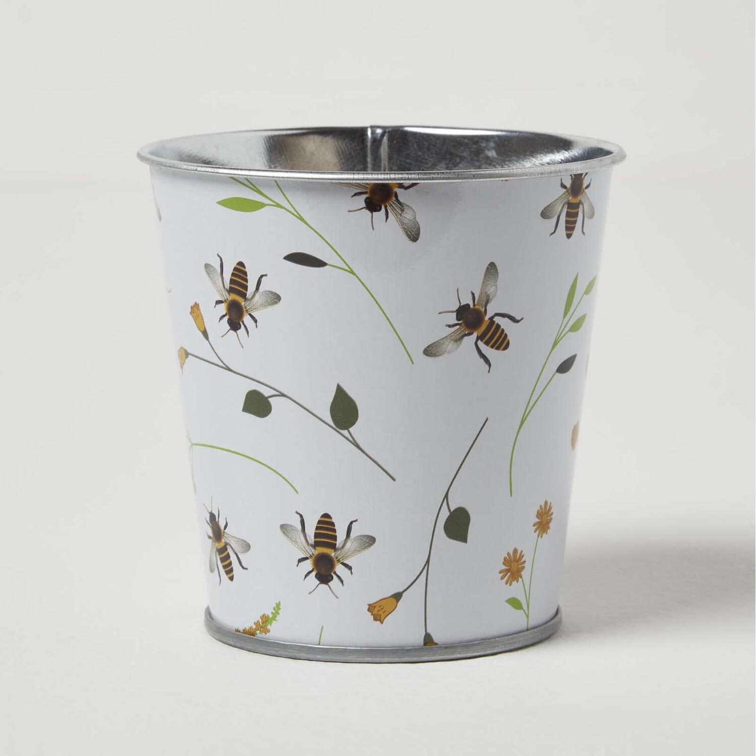 Set of 3 Green and White Indoor Plant Pots with Floral Bee Design