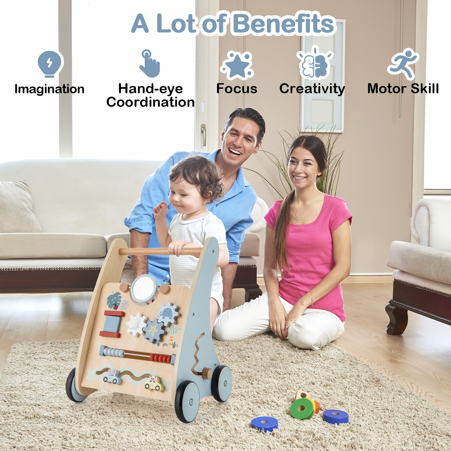 Wooden Baby Walker with Multi-Activity Learning Center