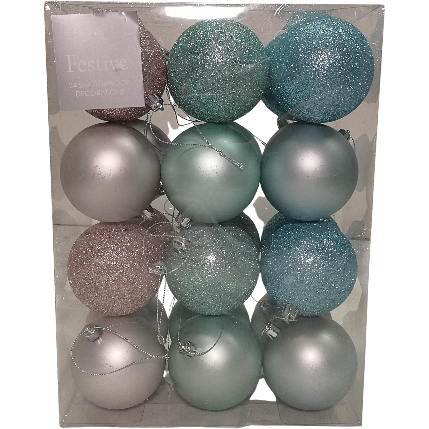 Box of 24 Assorted Shatterproof Matte and Glitter Design Baubles