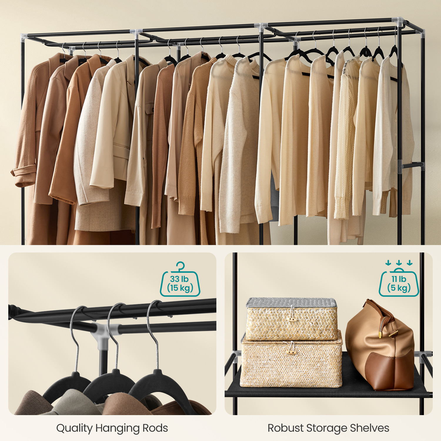 Portable Clothes Wardrobe with 3 Hanging Rails and Shelves