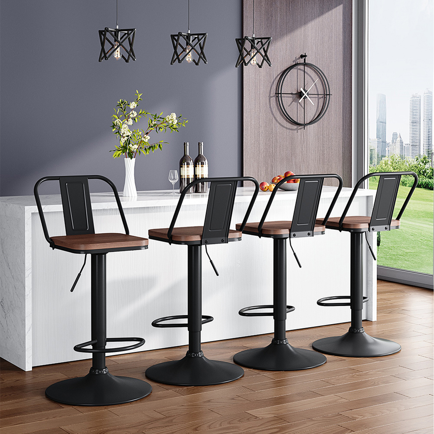 2Pcs Short Back Adjustable Bar Stools Dining Chairs