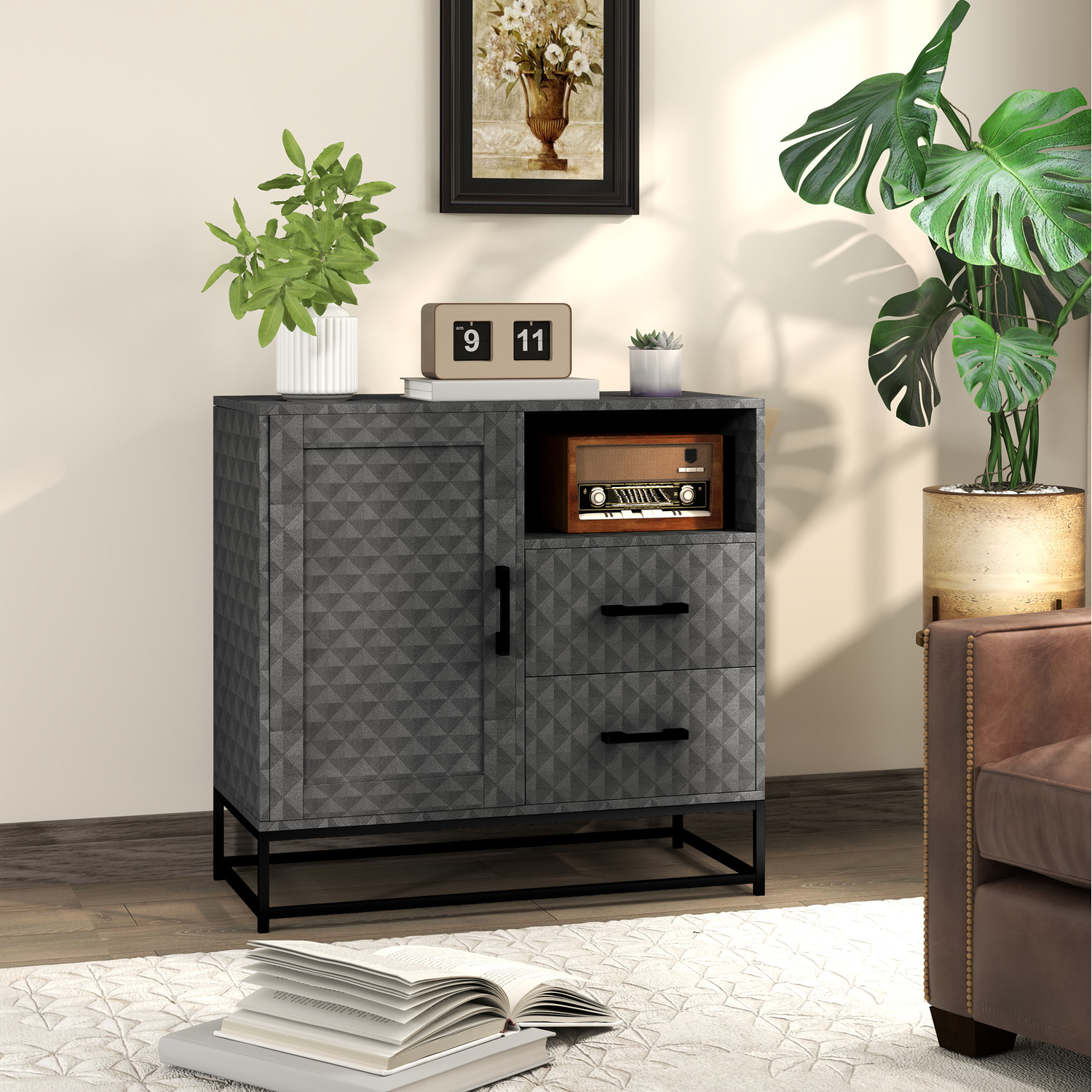 HOMCOM Sideboard Cabinet with Adjustable Shelf and Open Compartment