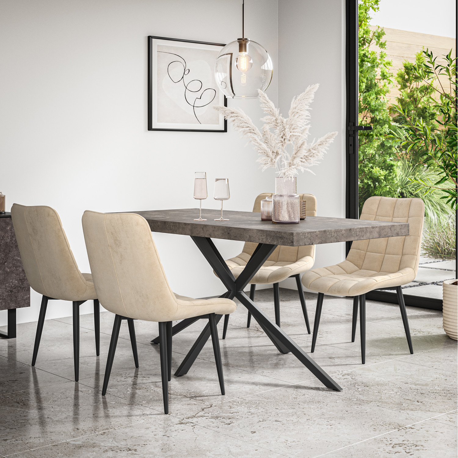 Donni Dining Table And Chairs - Concrete Effect Table w 4-6 Nova Velvet ...