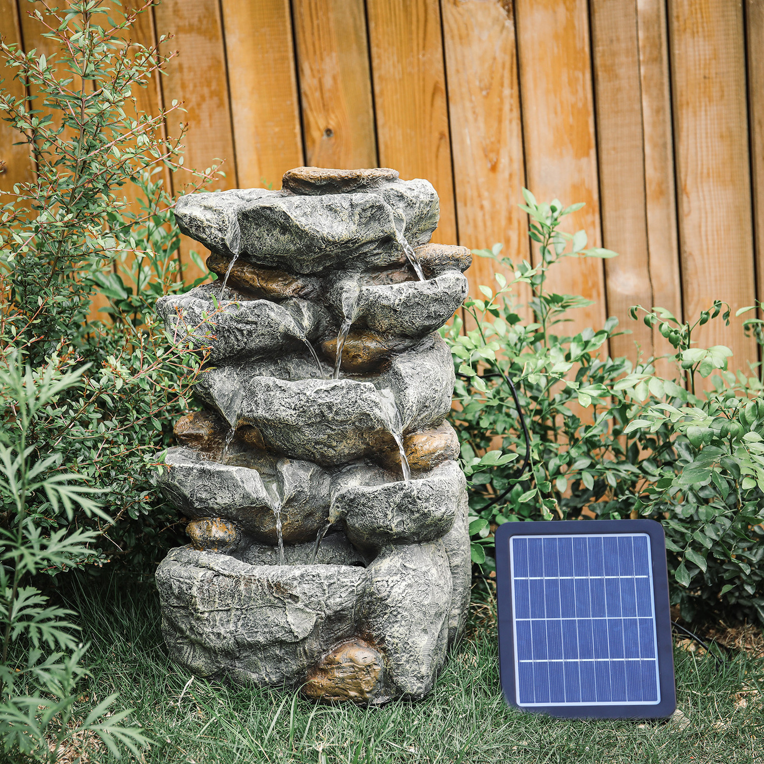 Solar-Powered Multi-Tier Rock Design Water Feature