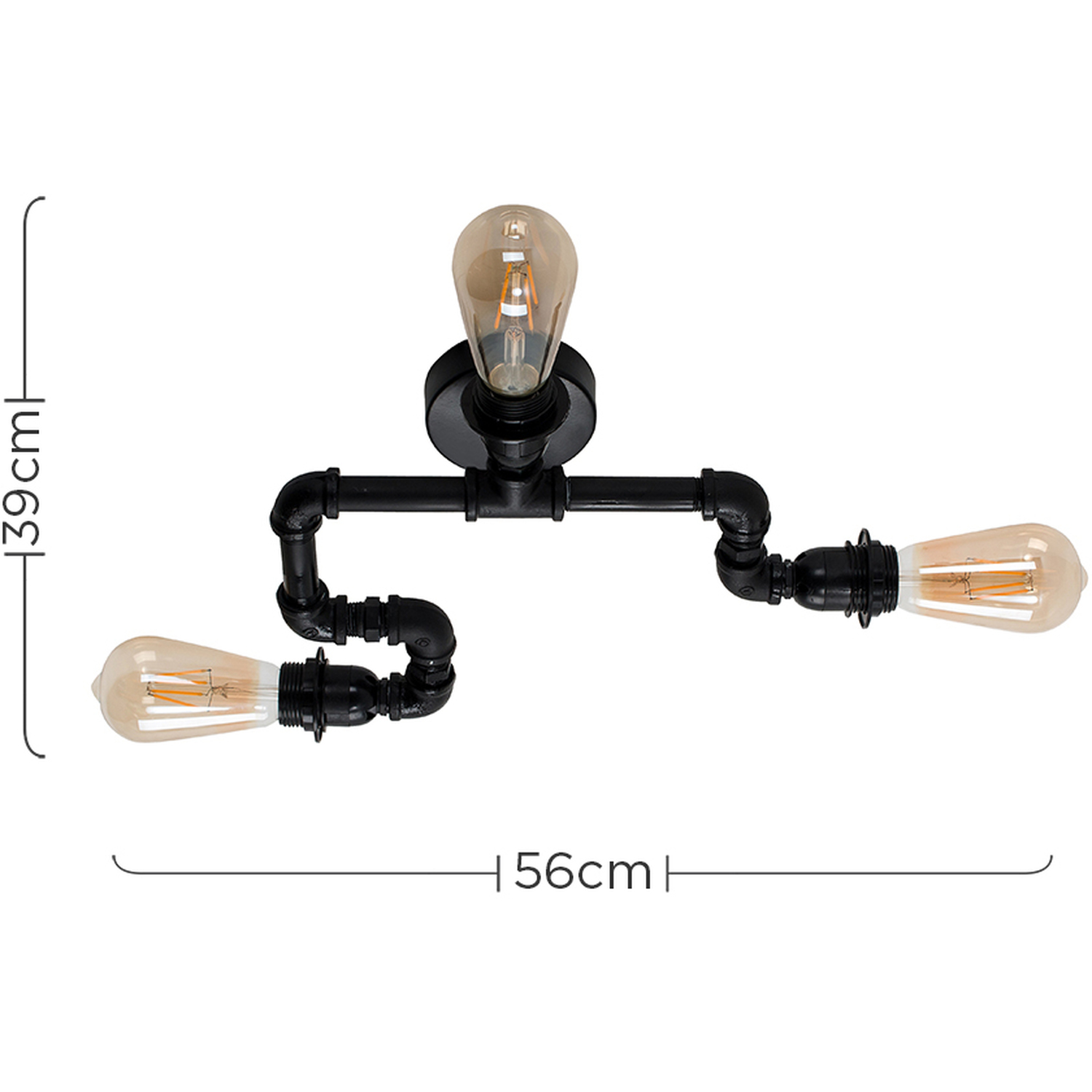 Industrial Style 3 Way Satin Black Staggered Pipework Ceiling Light