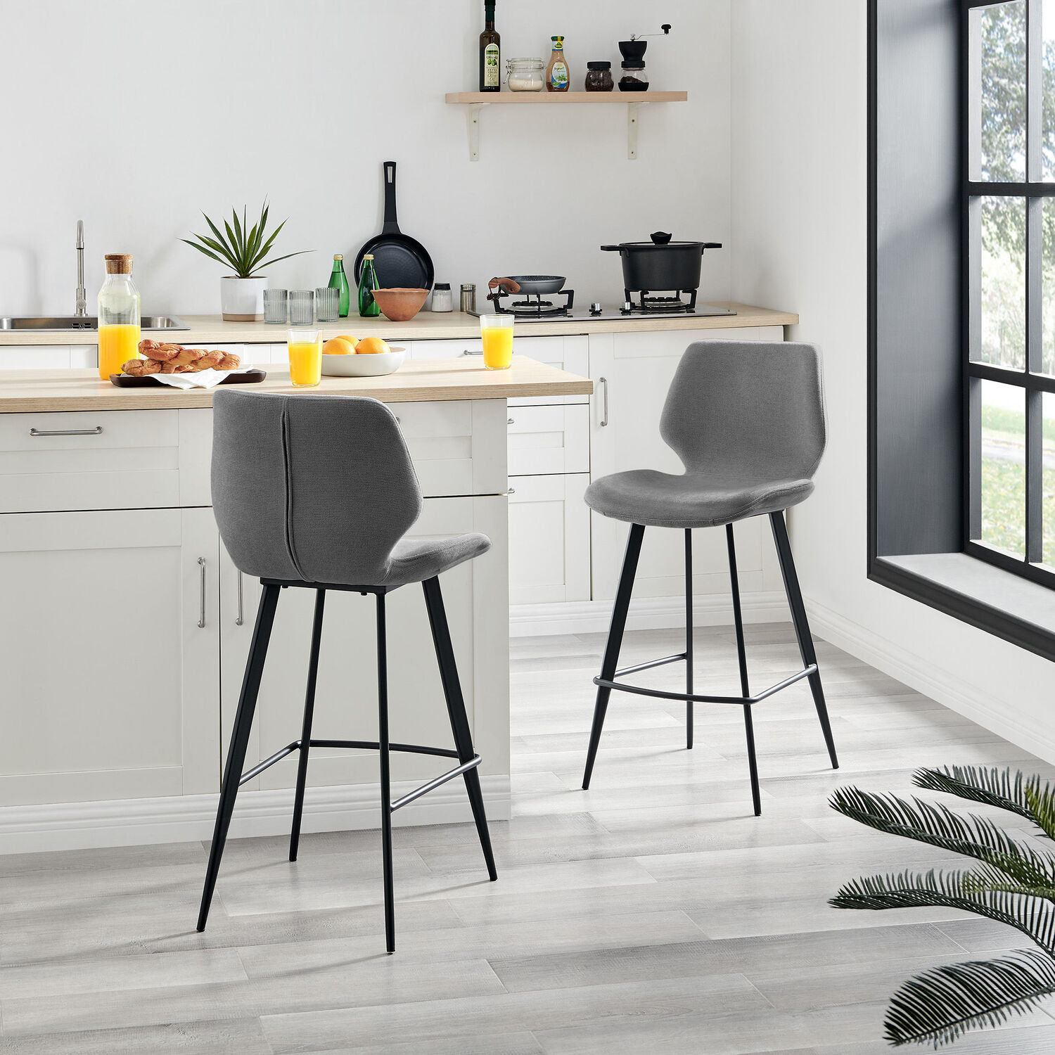 2x Nyla Fabric Upholstered Kitchen Breakfast Bar Chair Black Leg