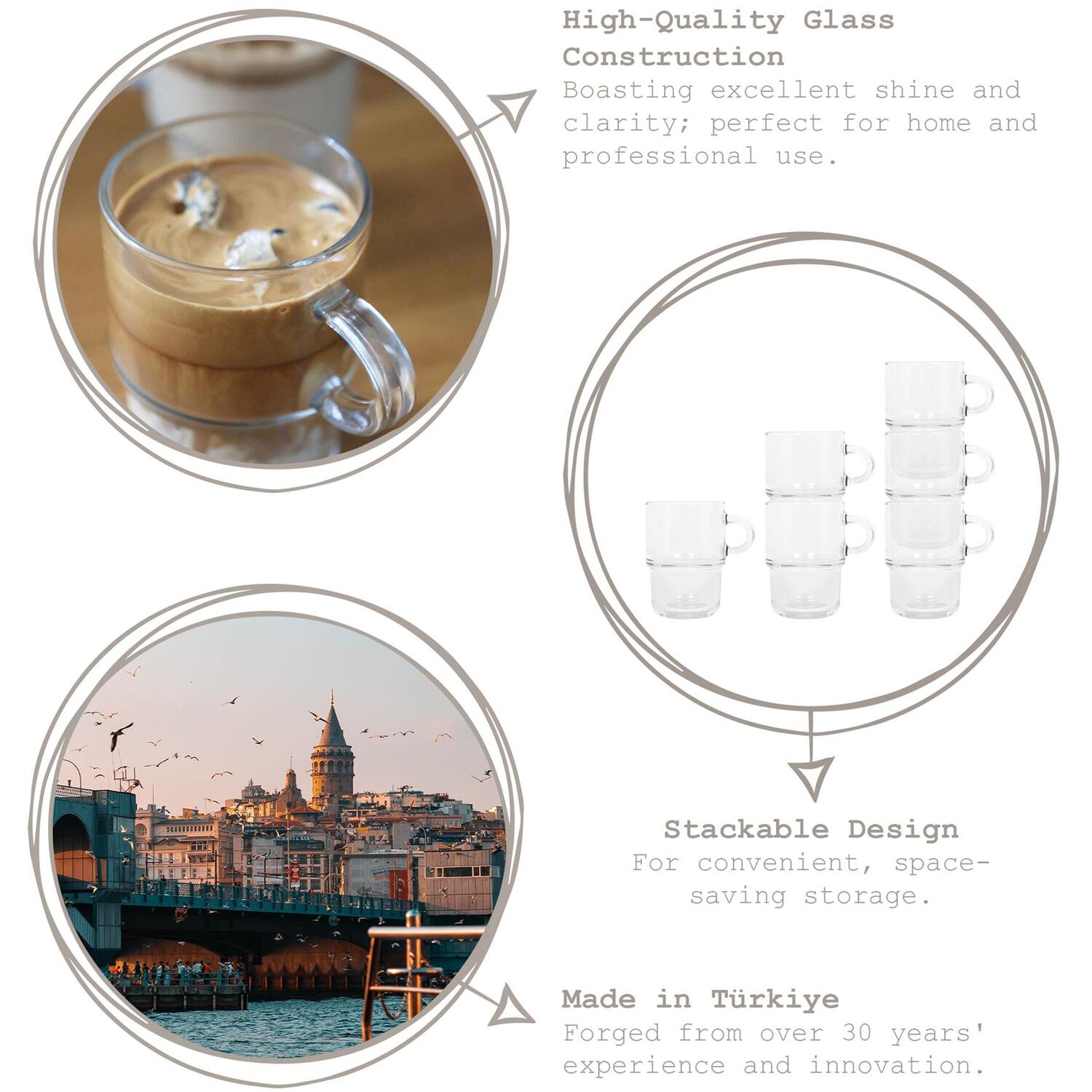 Cozy Stacking Glass Coffee Cups - 350ml - Pack of 6