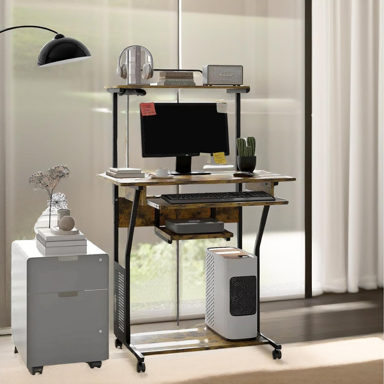 Industrial Rolling Computer Desk With Keyboard Tray And Shelves