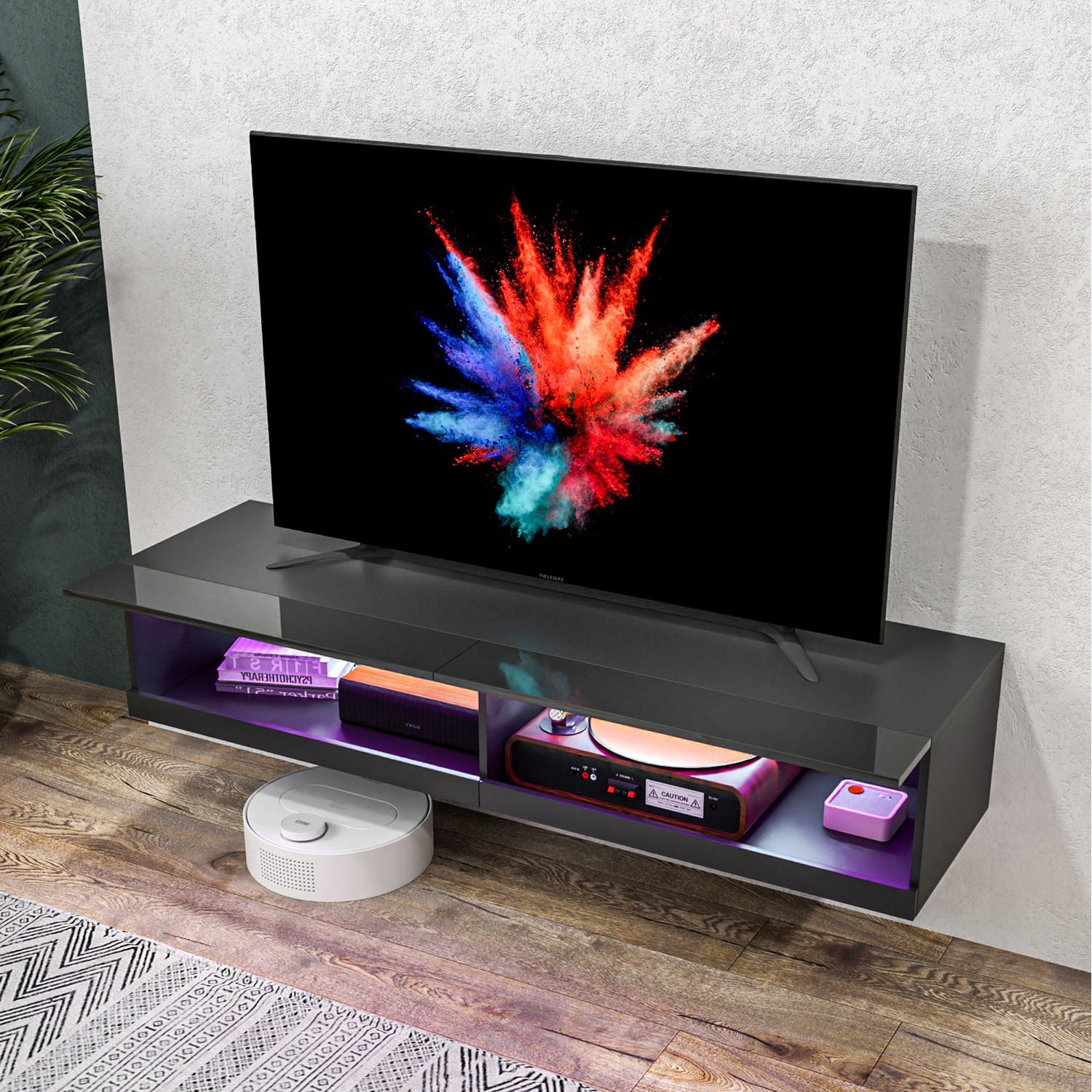 HOMCOM Floating TV Unit Cabinet with High Gloss Effect and LED Lights