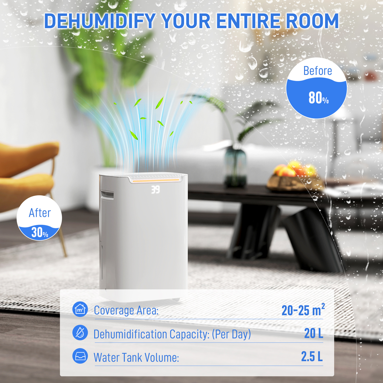 HOMCOM 20LDay Dehumidifier with 2.5L Water Tank