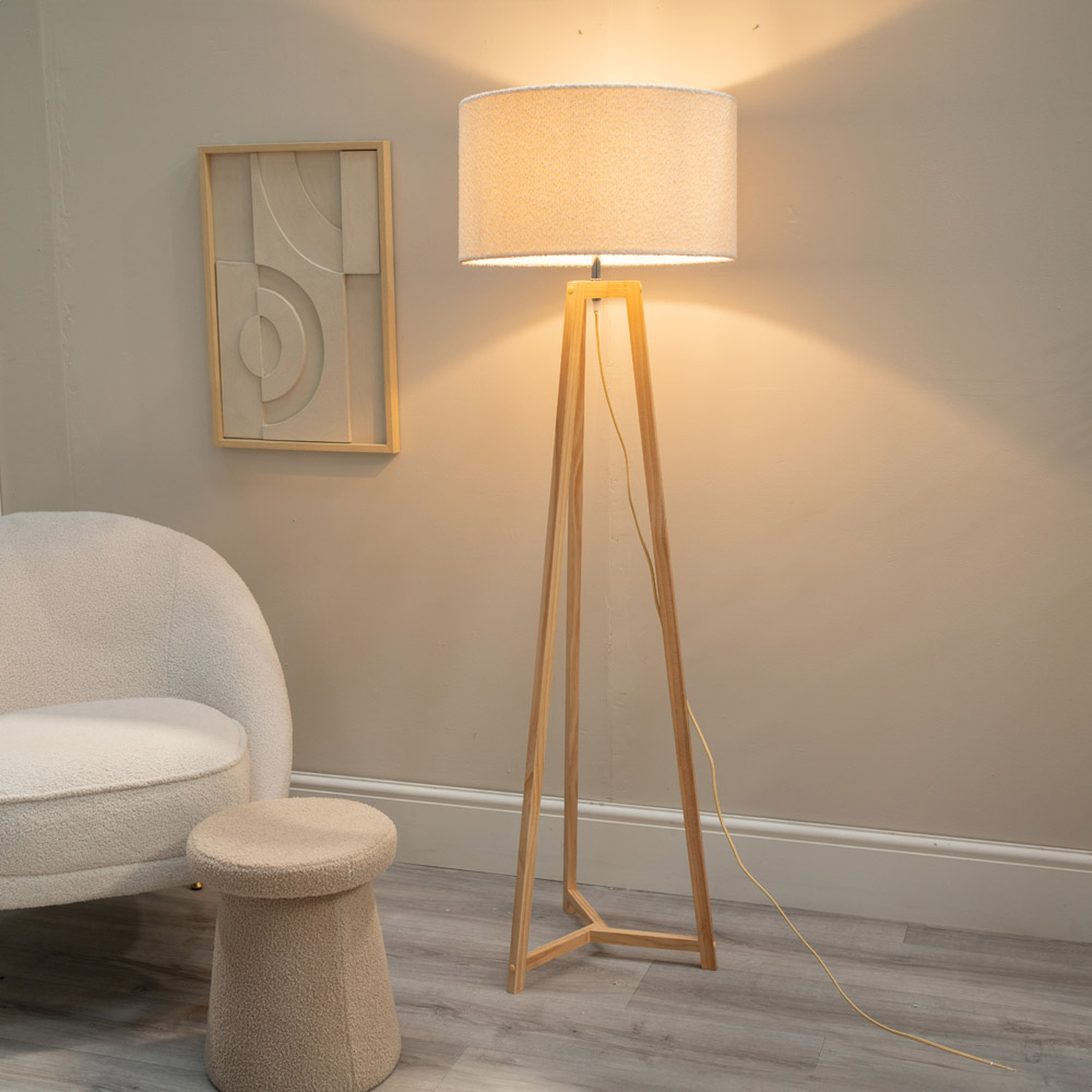 Lottie Natural Wood Floor Lamp with Boucle Shade