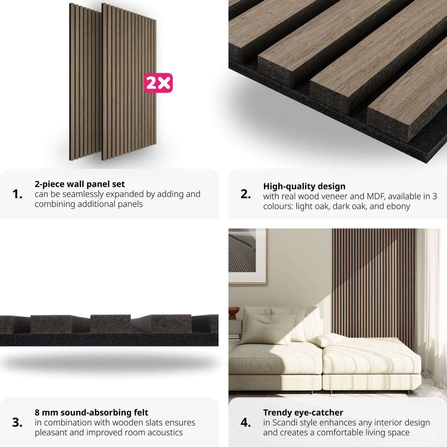 Acoustic Panel Set of 2 - Sound-Absorbing Felt, Size Adjustable