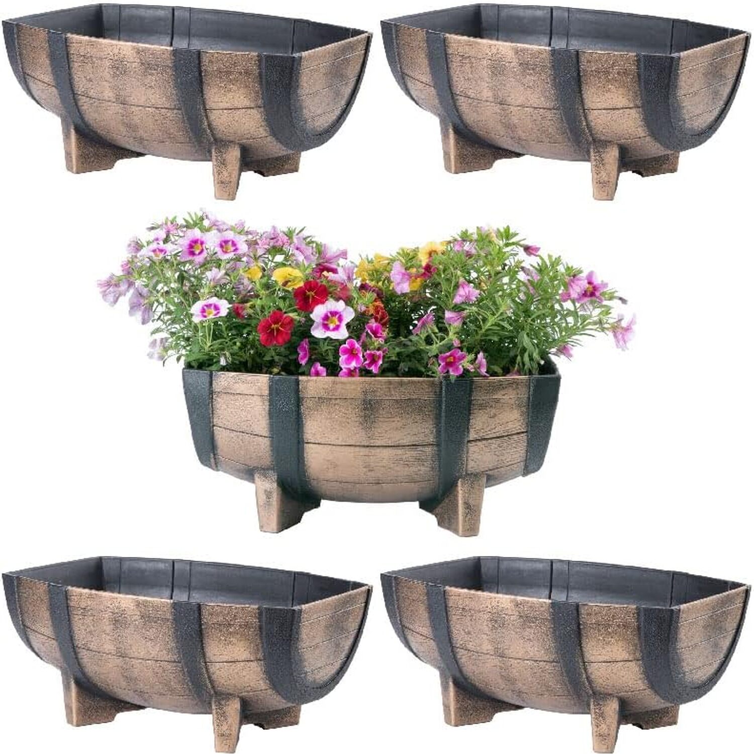 4 x Half Barrel Oak Wood Effect Flower Planter Pots