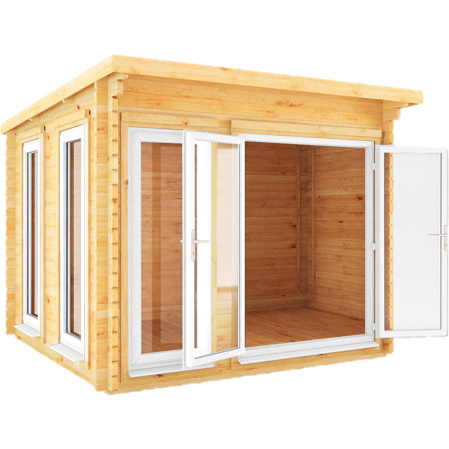 3m x 3m Wooden Pent Log Cabin 44mm Thickness UPVC Doors and Windows