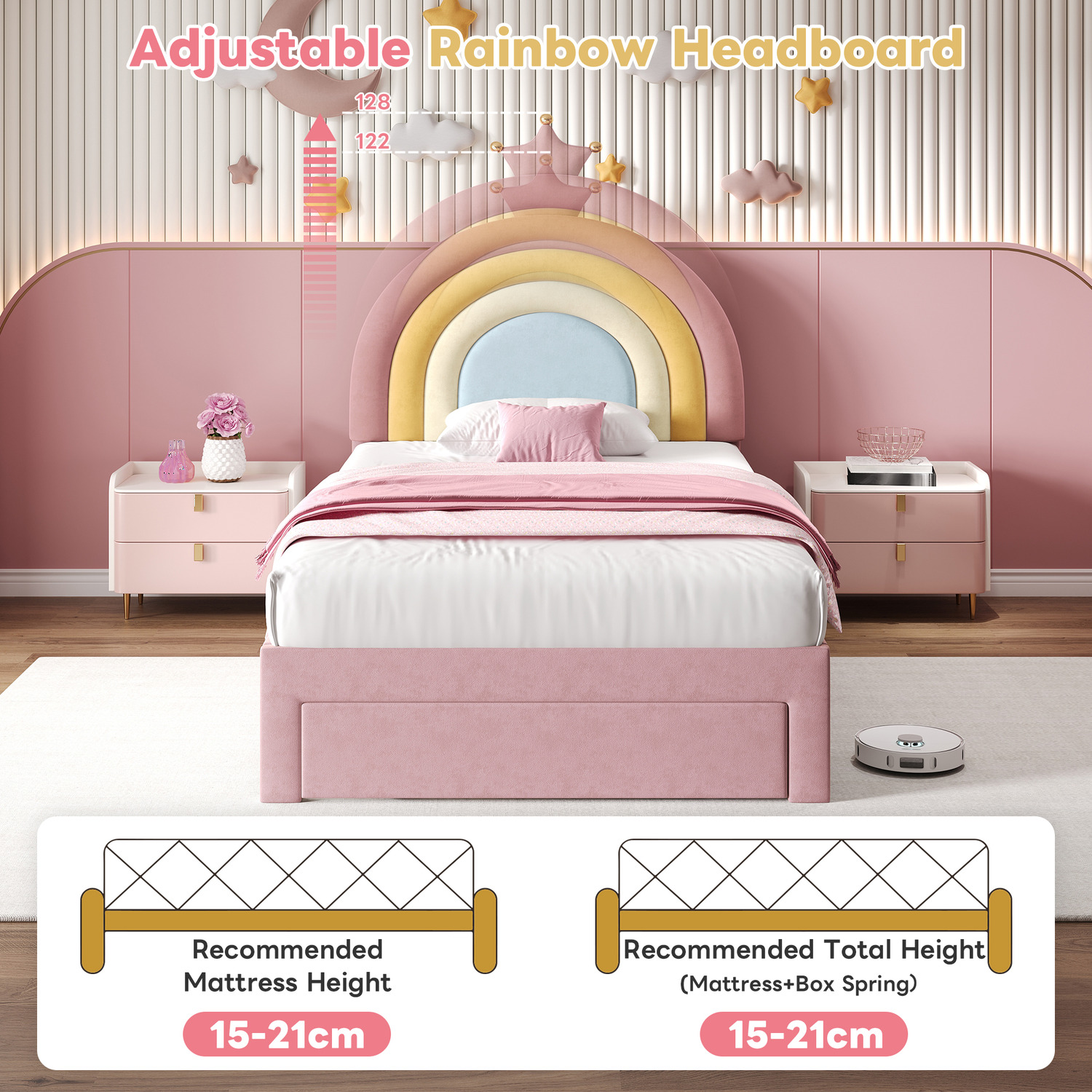 Matteo Velvet Single Bed Frame with Adjustable Rainbow Headboard