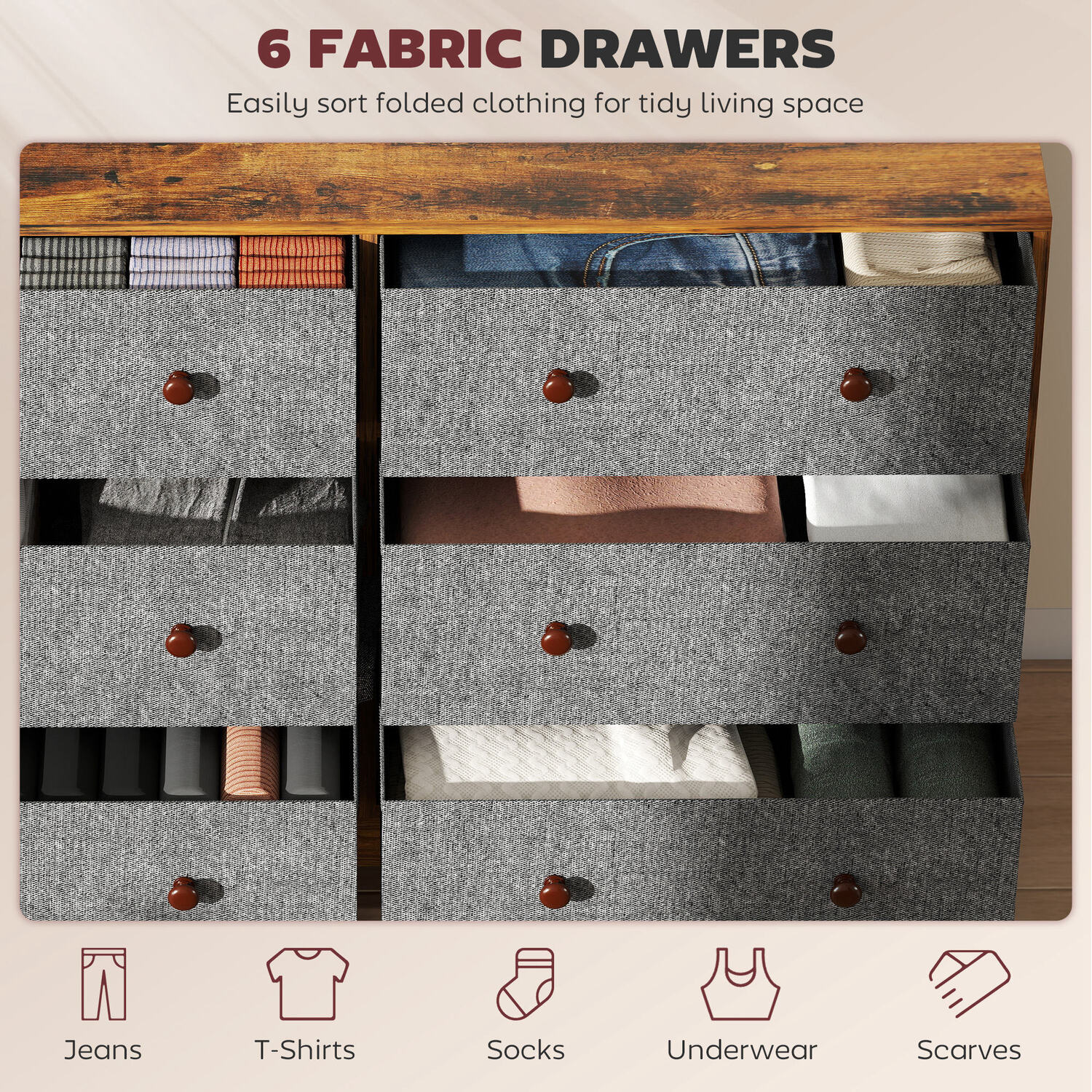 HOMCOM Chest of Drawers, Wide Dresser with 6 Fabric Drawers and Steel ...