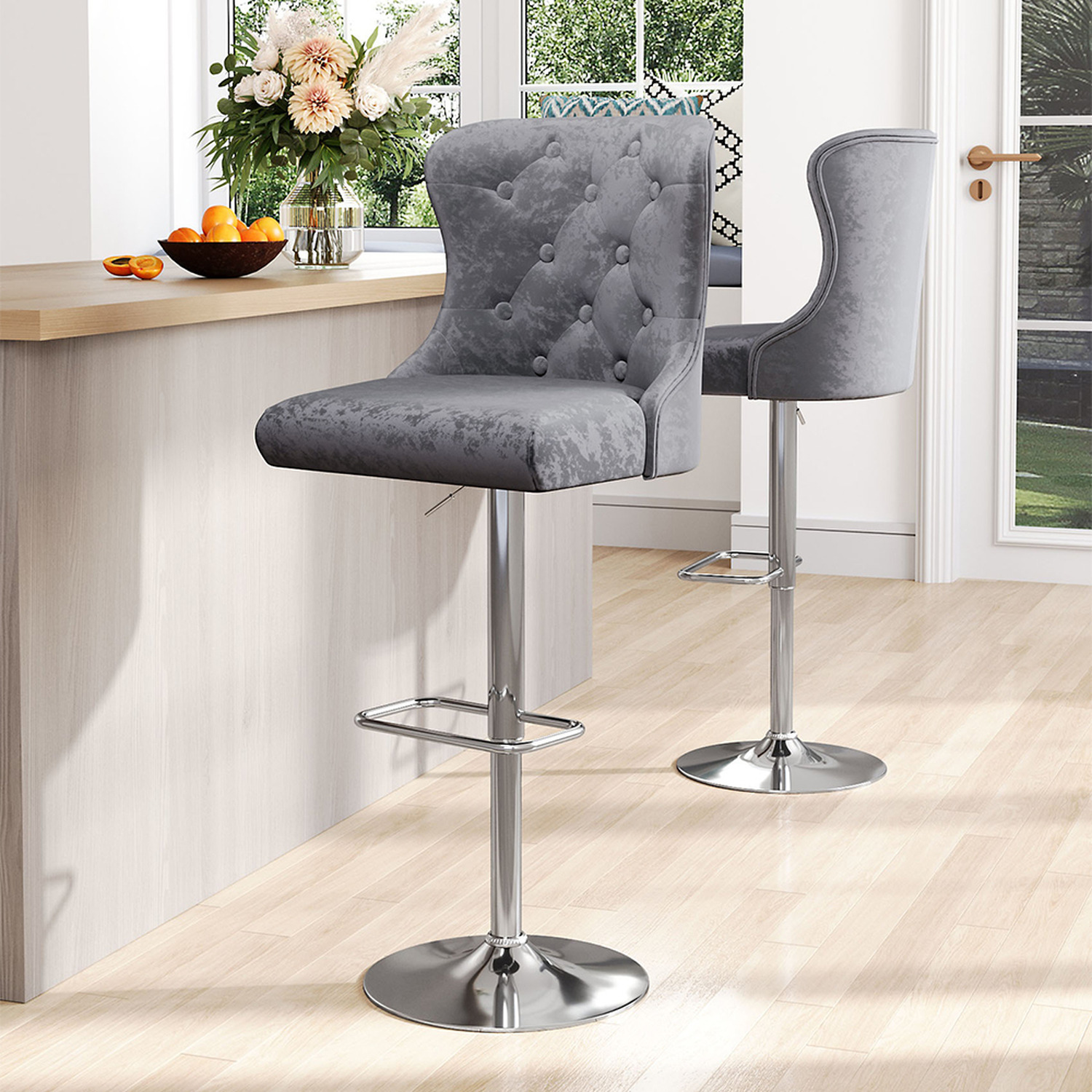 Set of 2 Velvet Adjustable Bar Stools with Button Back