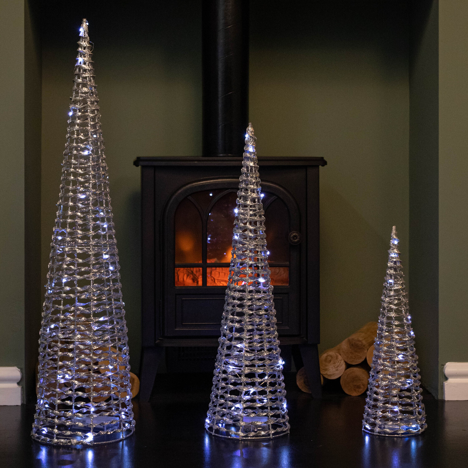 Set of 3 Glitter Twist Christmas Cone Trees with LEDs
