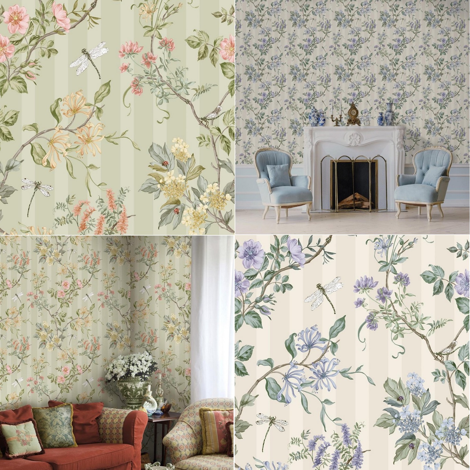 Hampton Gardens Stripe Floral Leaves Damselfly Wallpaper