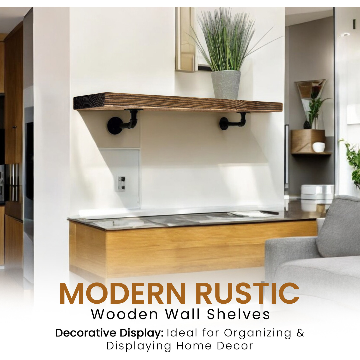 Rustic Shelf Wall-Mounted Wooden Board With PIPE Brackets - Walnut