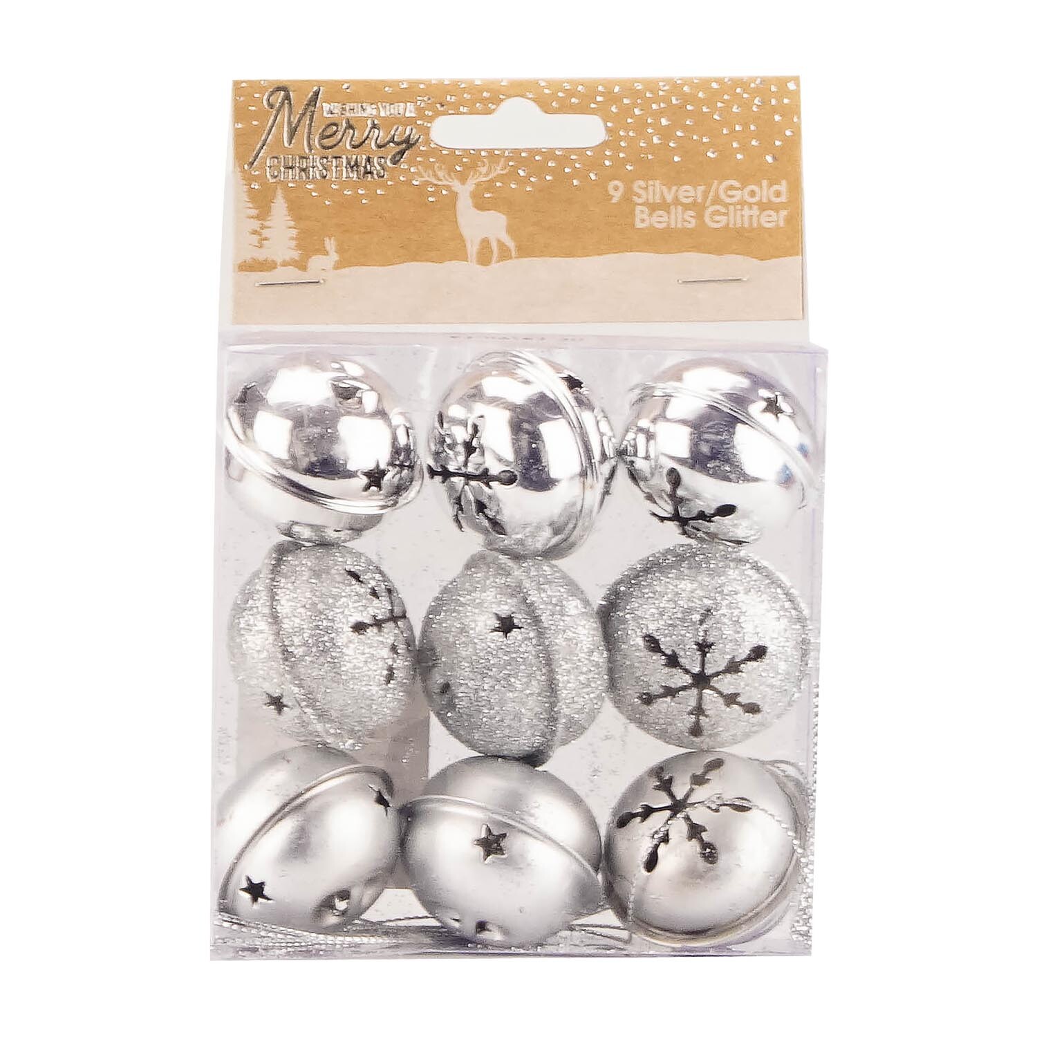 9 Silver or Gold Glitter Bells