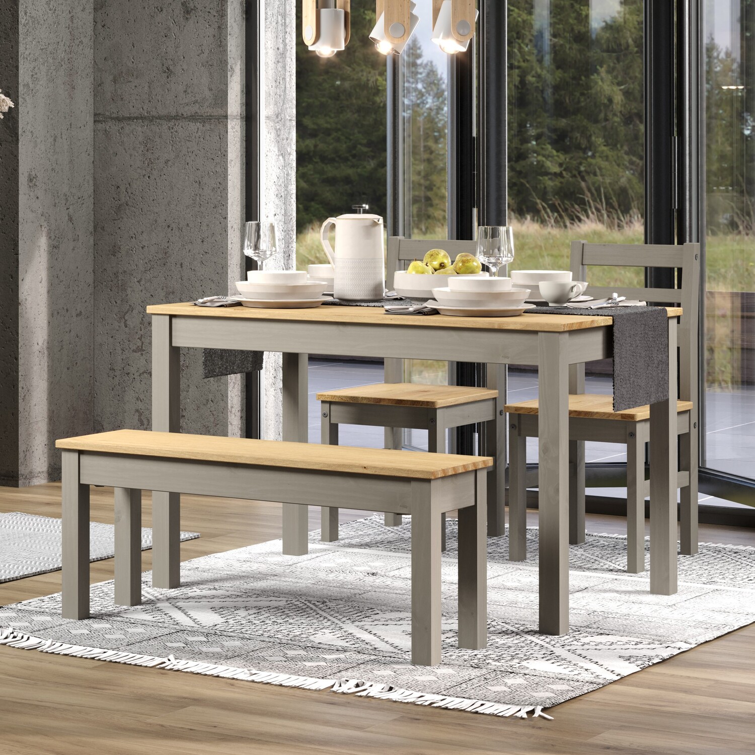 Linea Grey 1500mm Table, Bench Seat and 2 Ladder Back chairs
