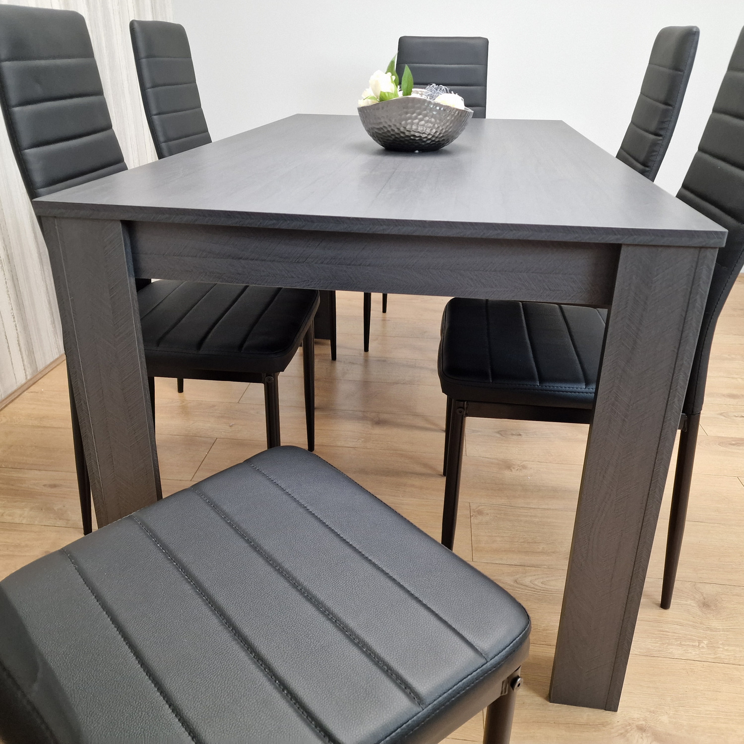 Dark Grey Dining Table Set with 4 Black Faux Leather Stitched Chairs
