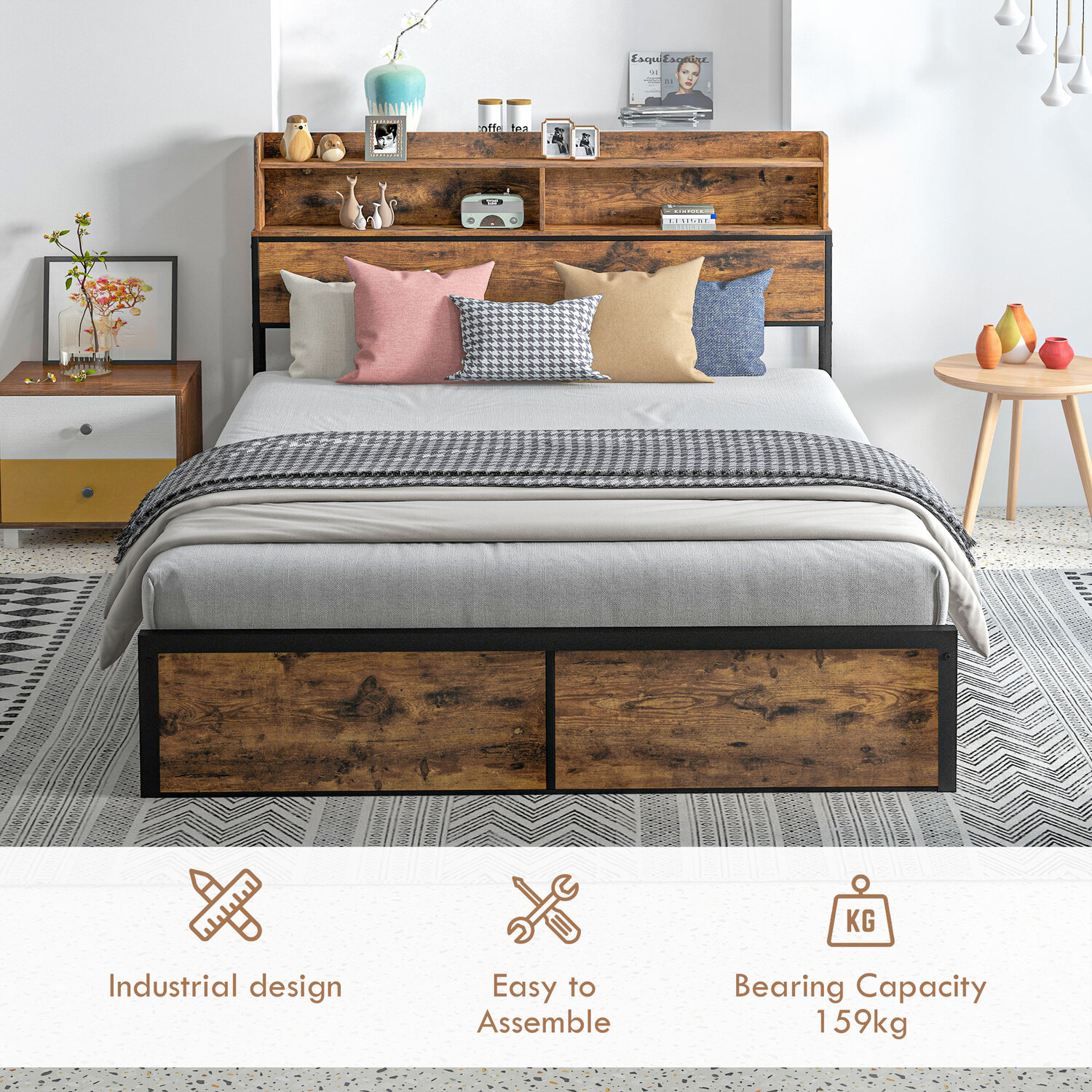 Steel Bed Frame with Storage Headboard