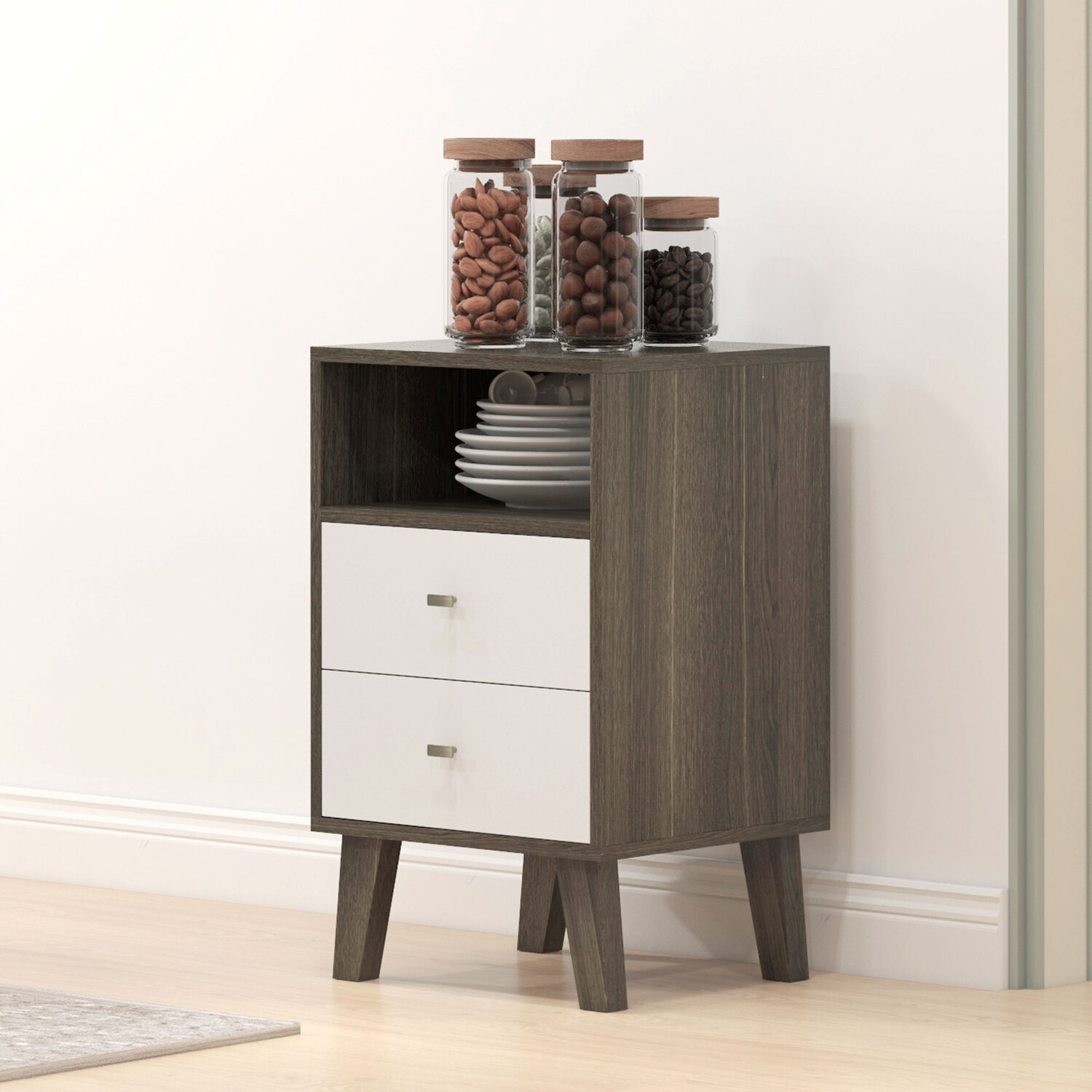 HOMCOM Bedside Tables Set of 2 with 2 Drawers Open Cubby
