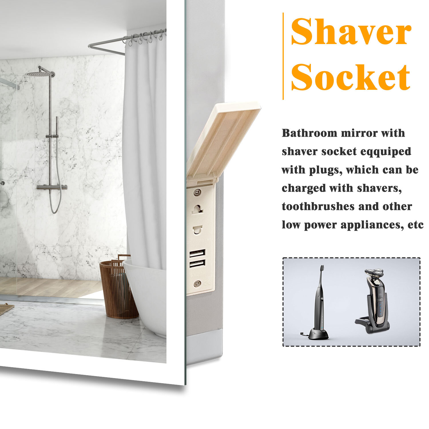 LED Bathroom Mirrors with Socket, Dimmable 3 Colours