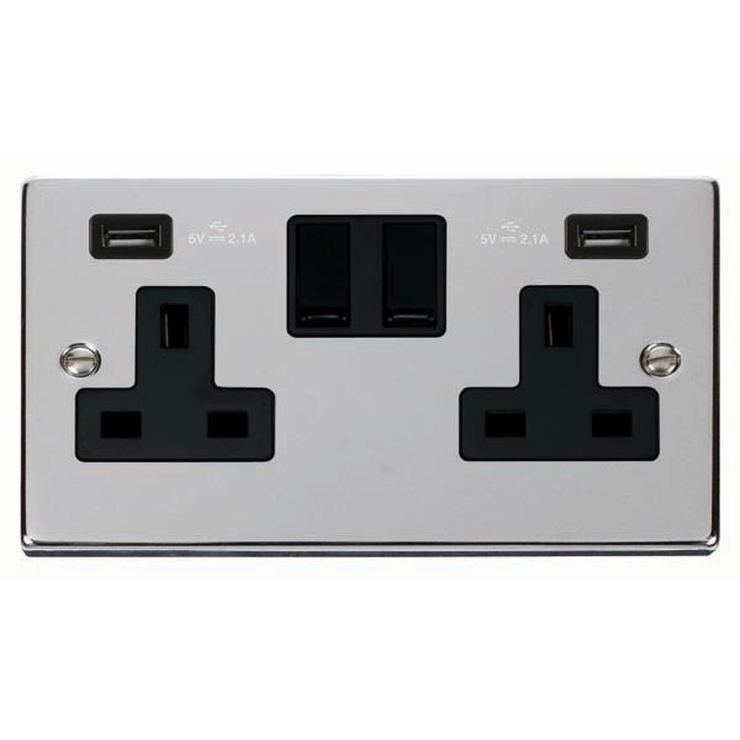 Polished Chrome 2 Gang 13A 2 USB Twin Double Switched Plug Socket