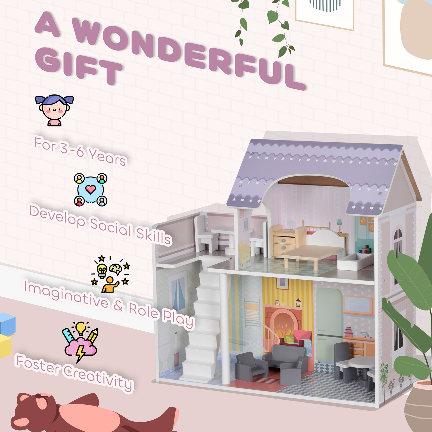 2 Storey Dolls House with 13 Pieces Furniture