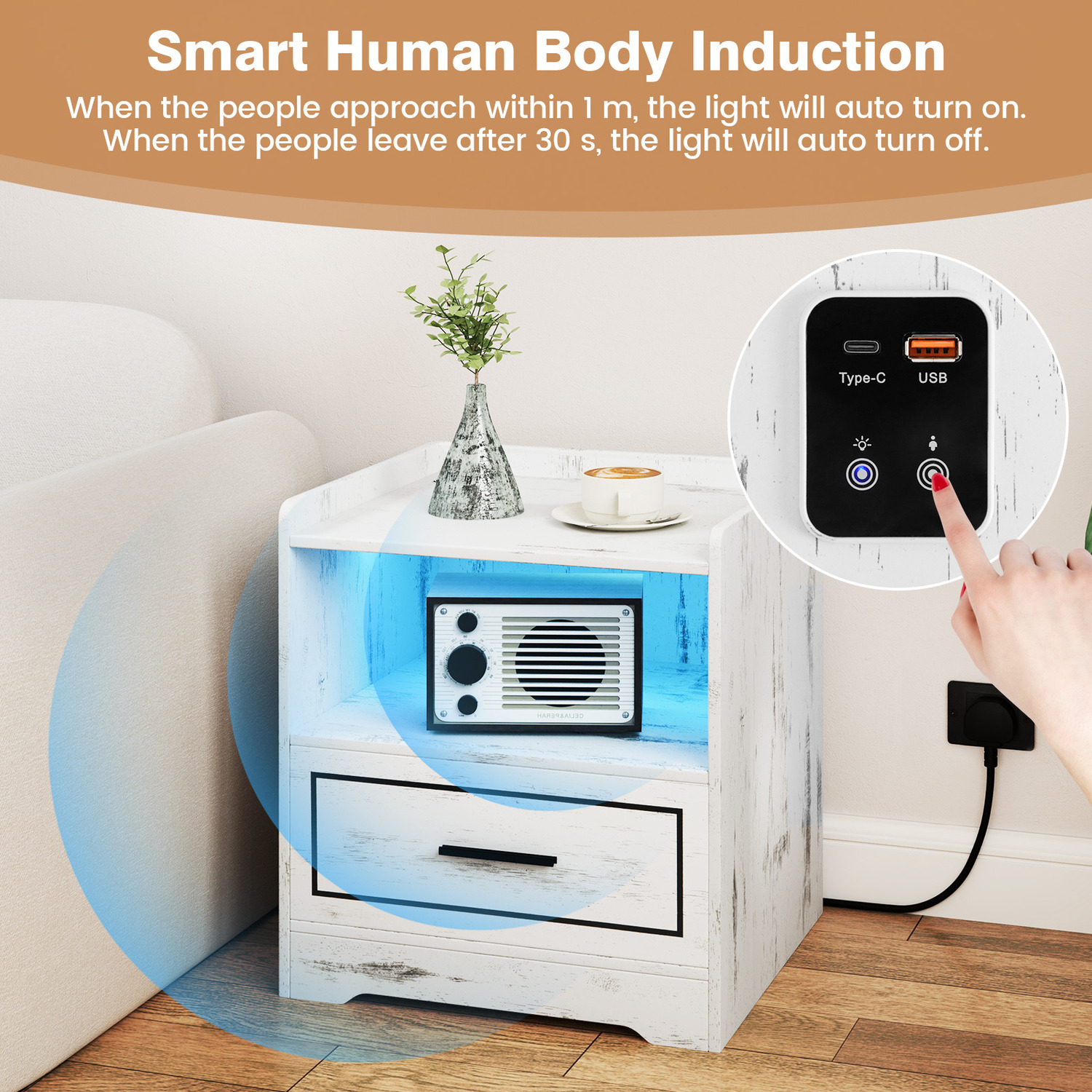 Smart Bedside Table with Adjustable Light