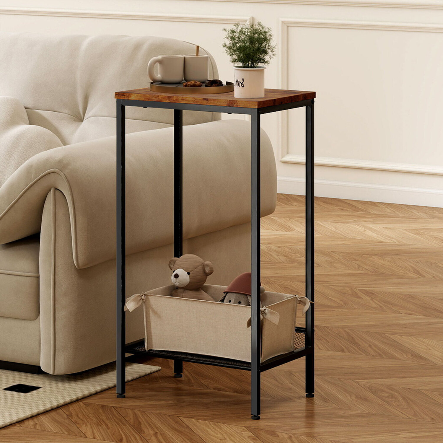 Industrial Side Table Wood 2-Tier Storage Shelf End Table Living Room