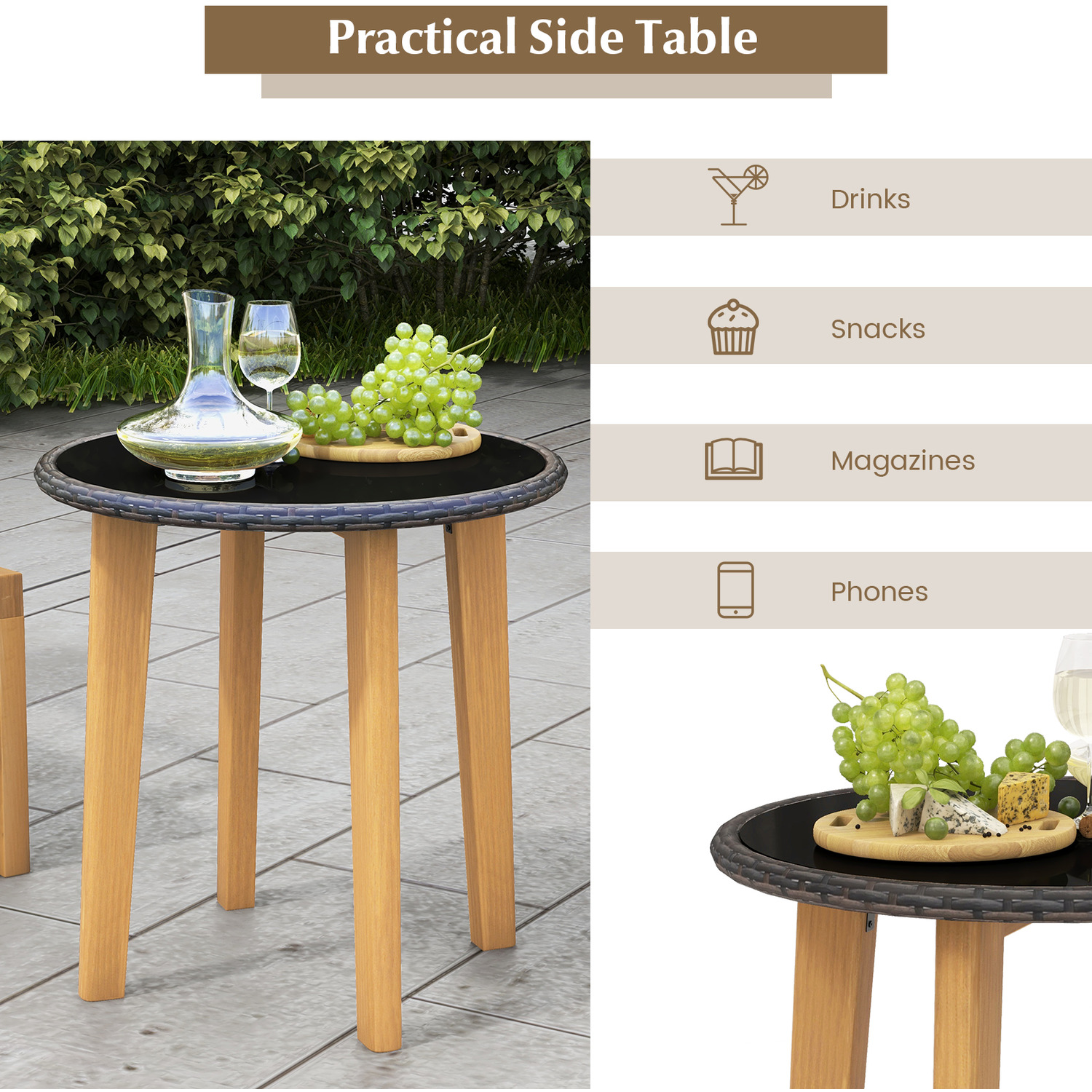 3 Piece Patio Furniture Set Wicker Chair Side Table Set