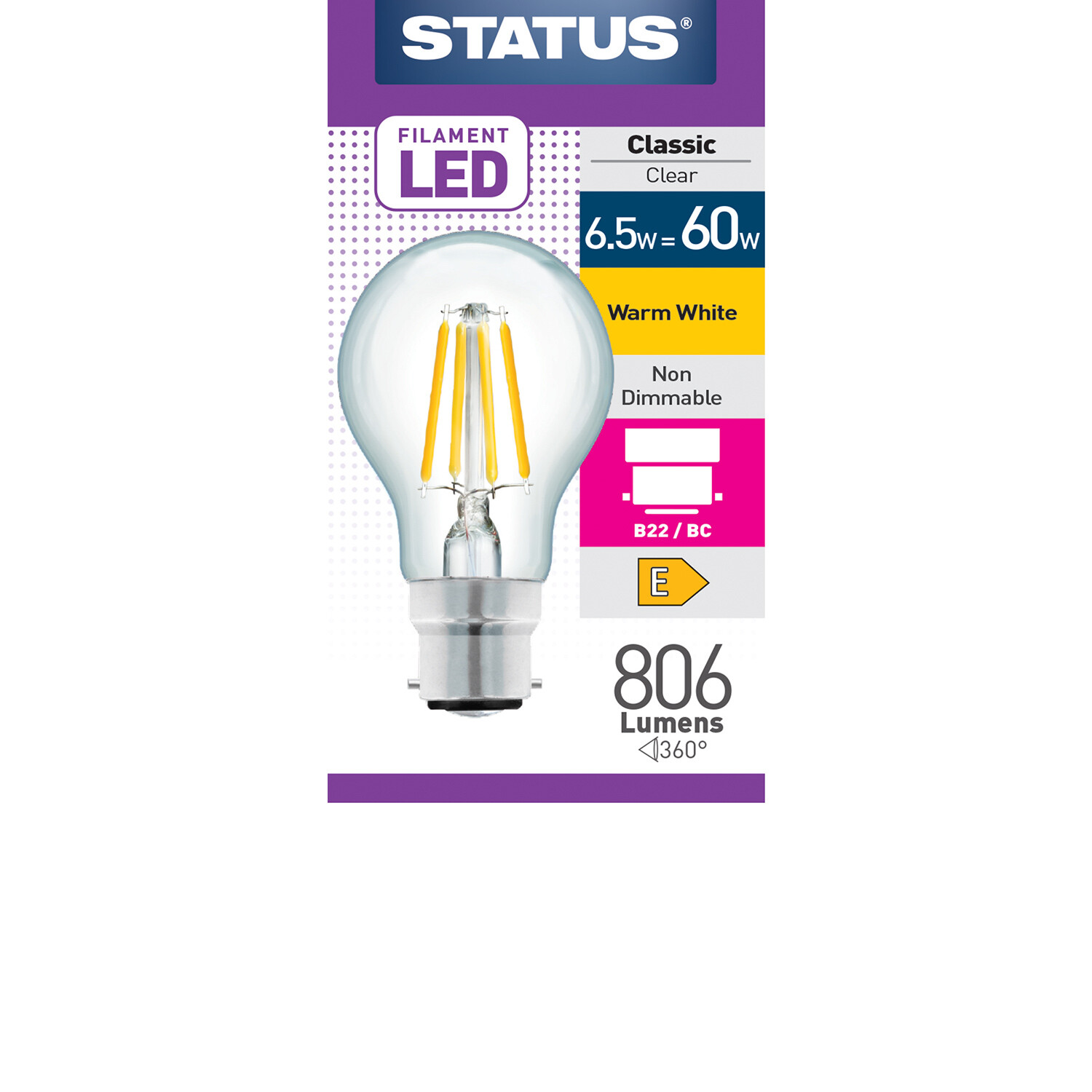 6.5w=60w 806Lm Fil/LED GLS BC Bulb