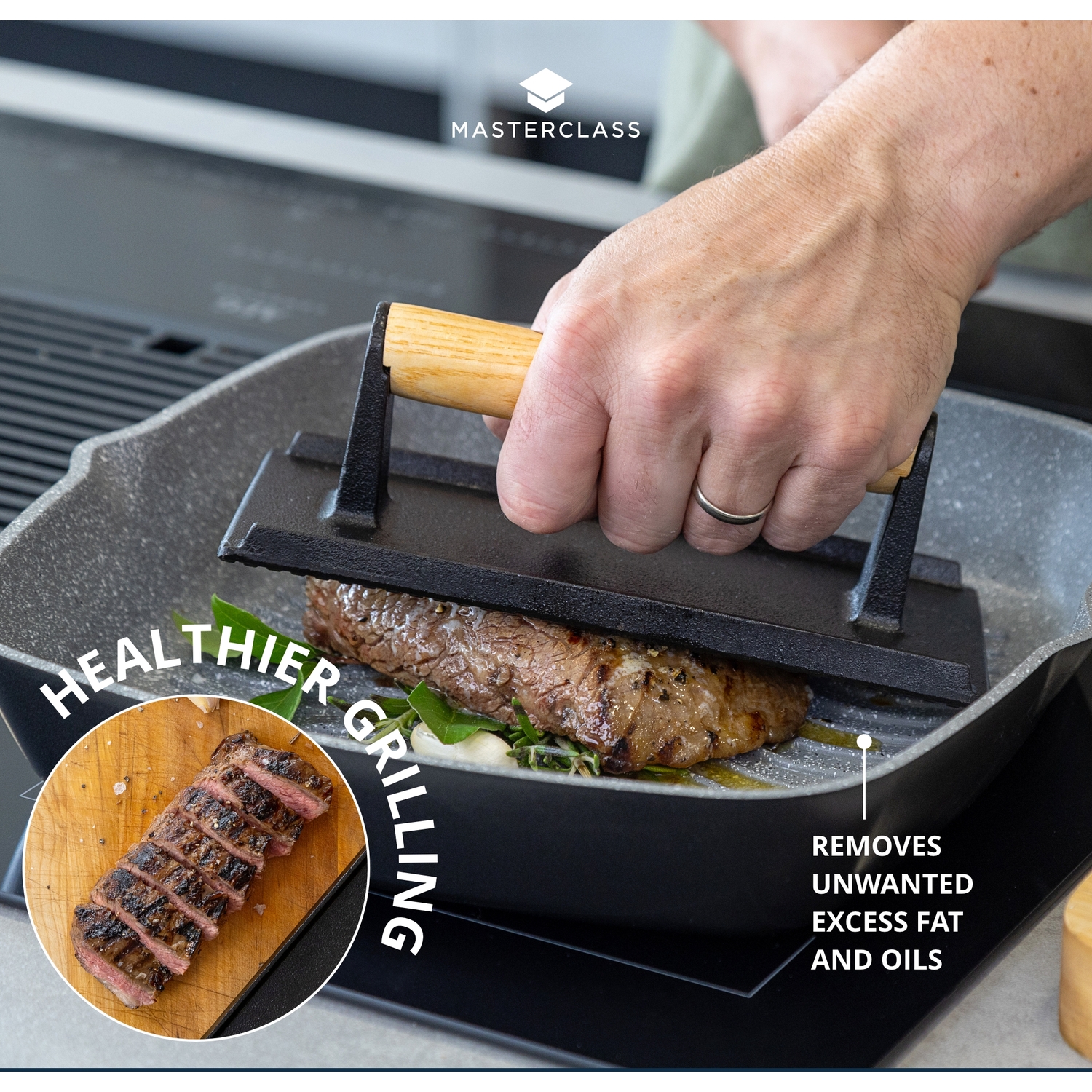MasterClass Cast Iron Grill Press with Wooden Handle