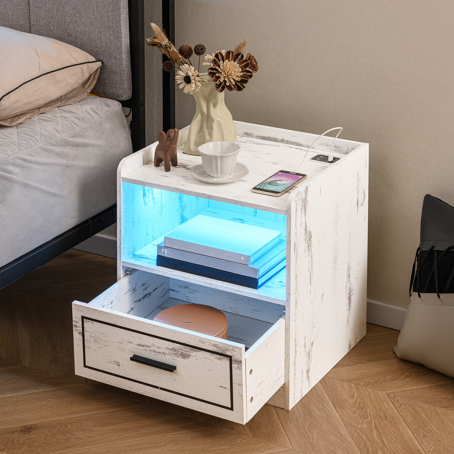 Smart Bedside Table with Adjustable Light