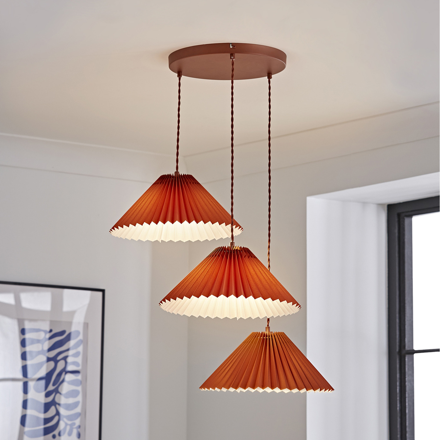 Akira Fabric Pleated Triple Drop Ceiling Pendant Light