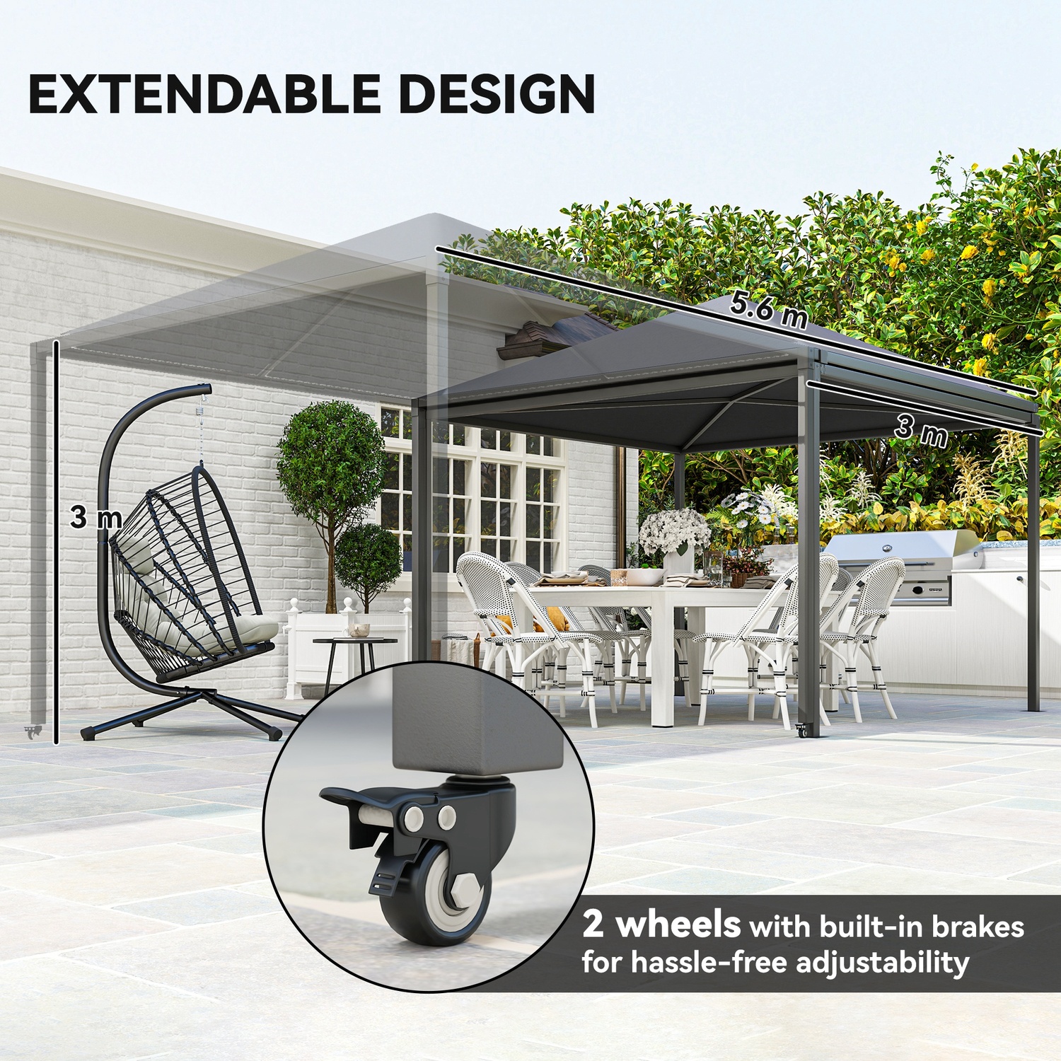 Outsunny 3 x 3(m) Extendable Garden Gazebo Canopy with Wheels