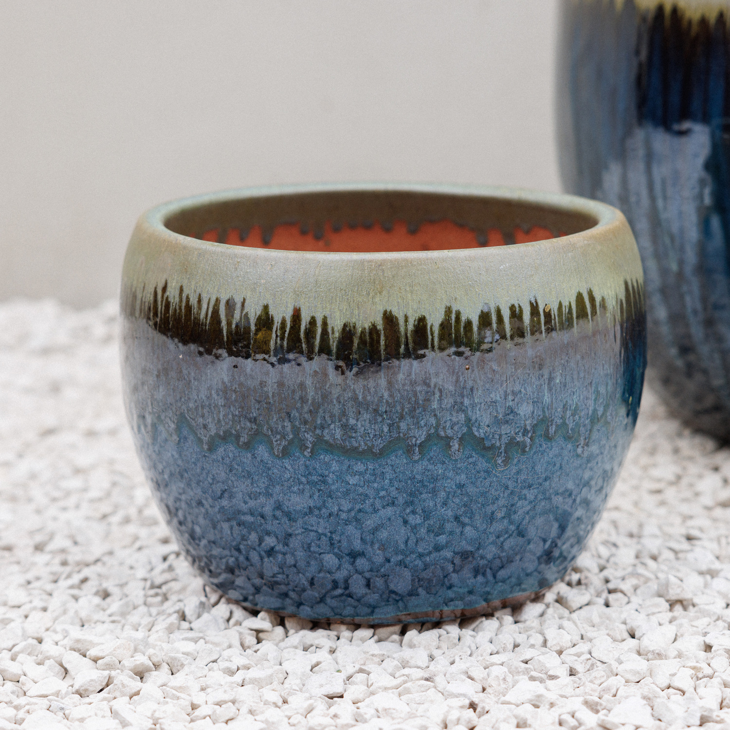 Glazed Round Outdoor Clay Planter in Two Tone Blue and Gold