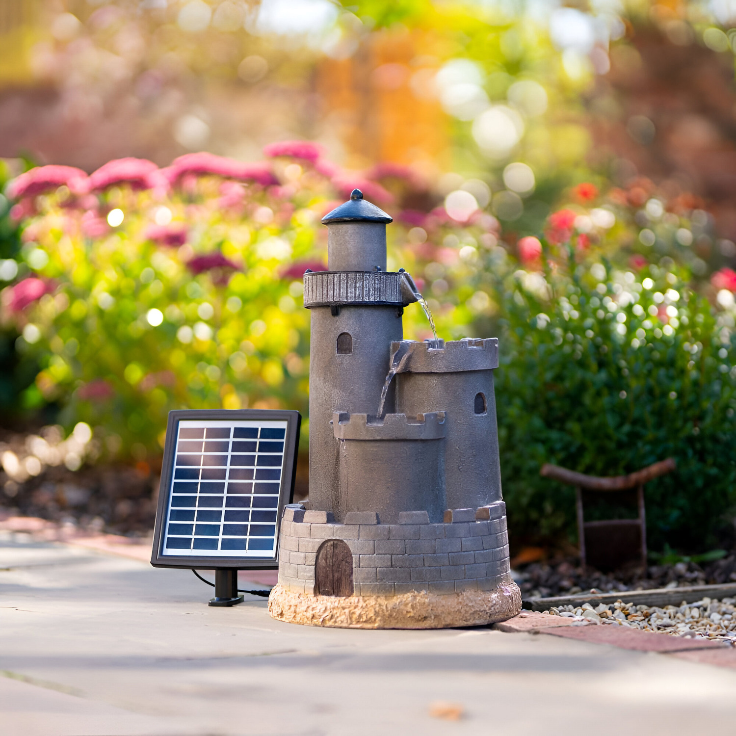 Primrose Solar Grey Castle Cascade Water Feature with Lights 49cm
