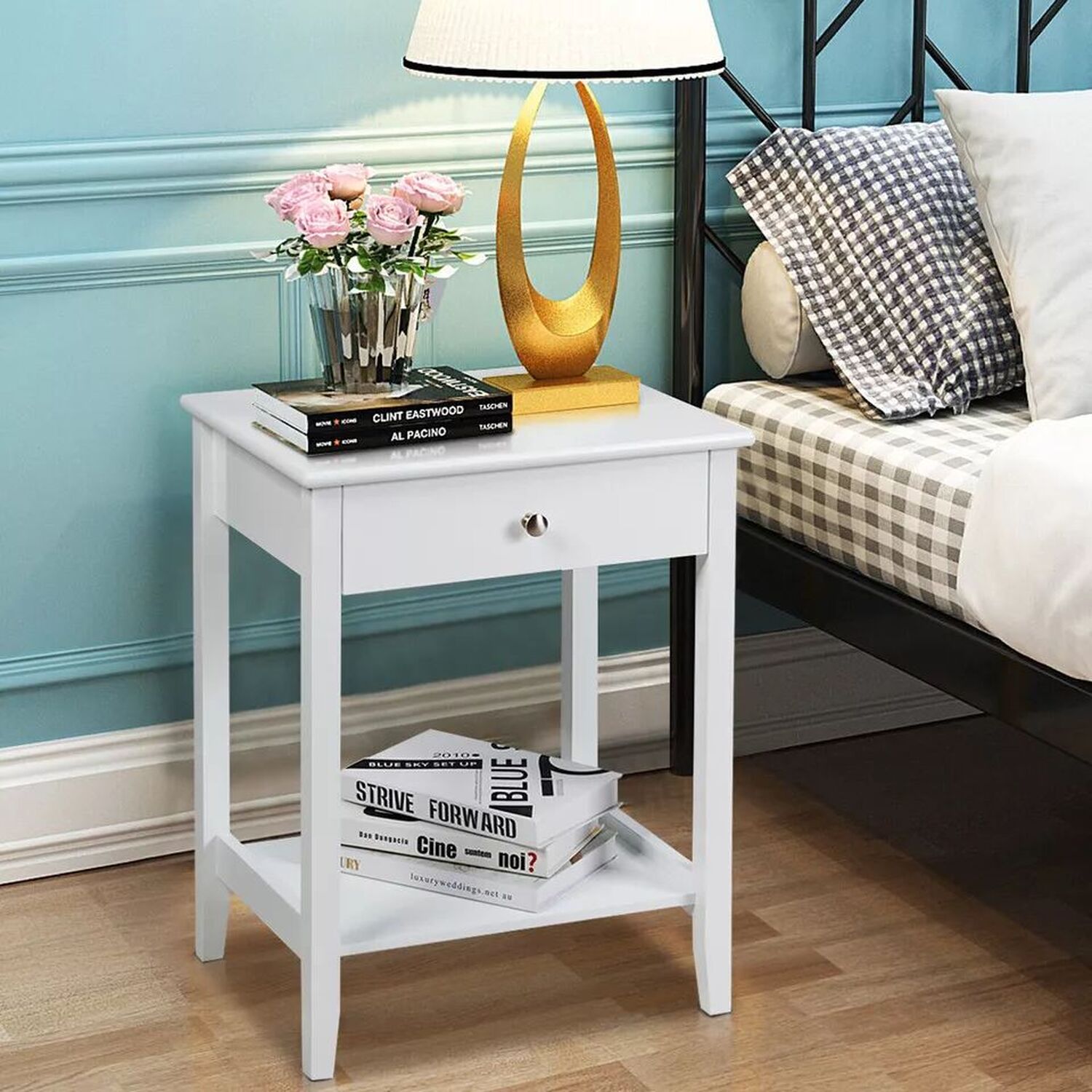 Pair of White Bedside Tables with Drawer and Shelf