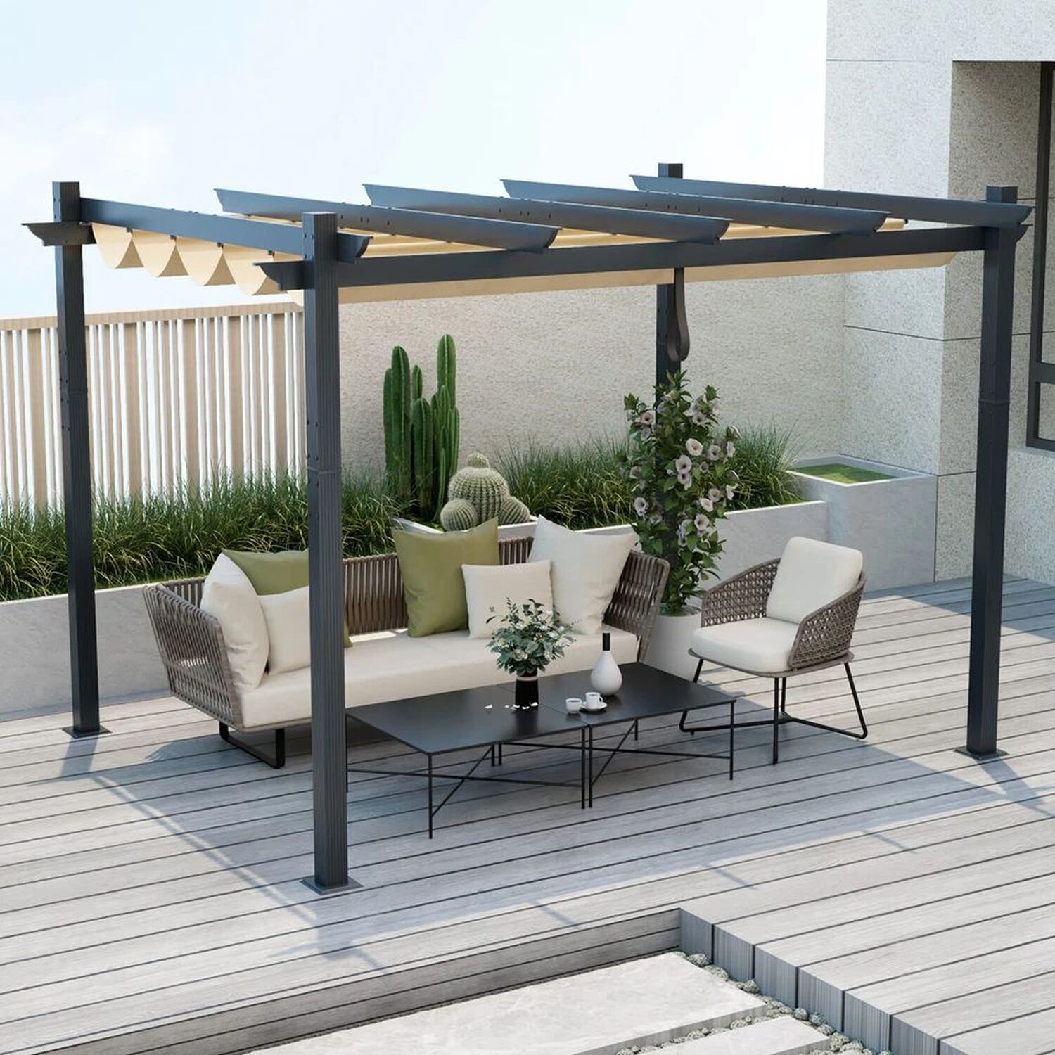 2.9 x 3.6 m Outdoor Aluminium Pergola with Retractable Canopy
