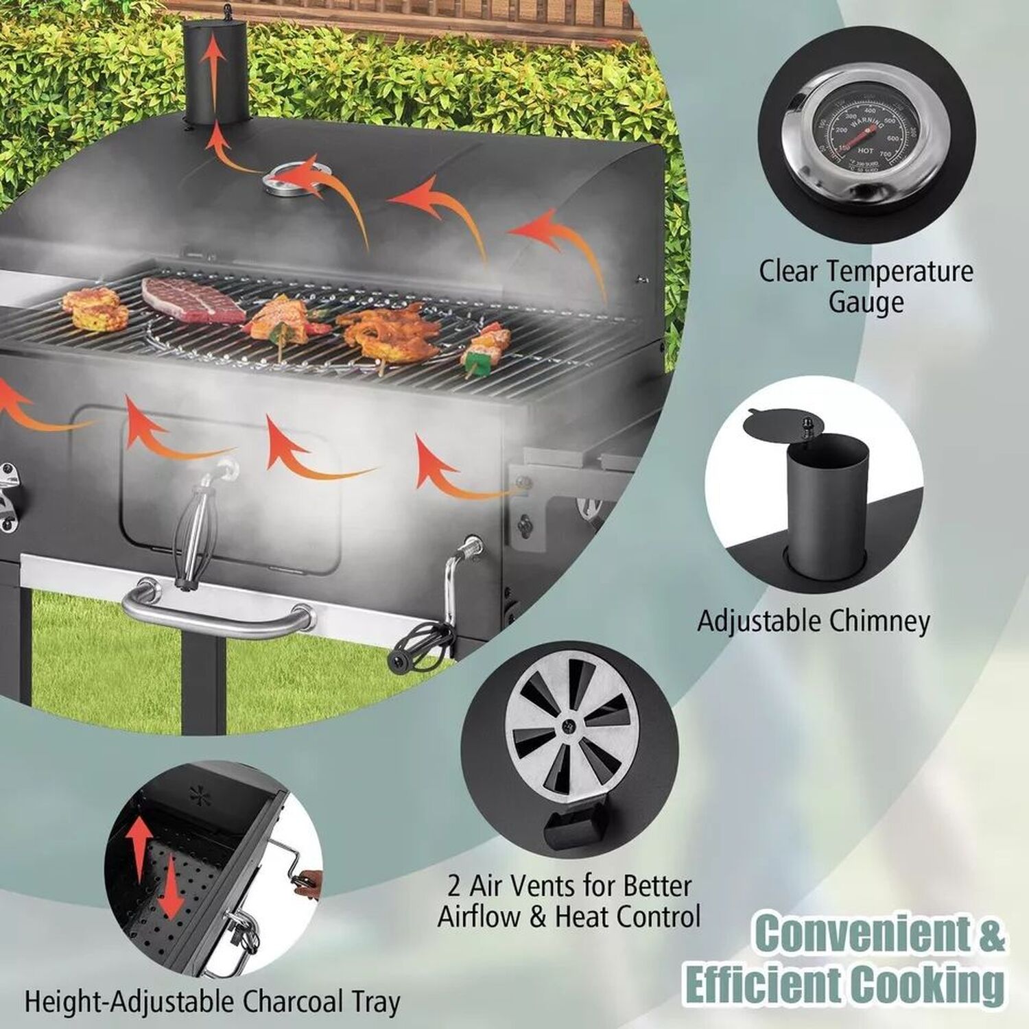 Charcoal Grill BBQ Smoker Combo with 2 Wheels and 2 Foldable Side Shelves
